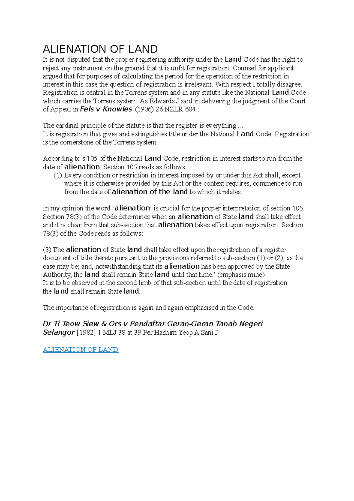 Alienation of land - lexis - ALIENATION OF LAND It is not disputed that ...