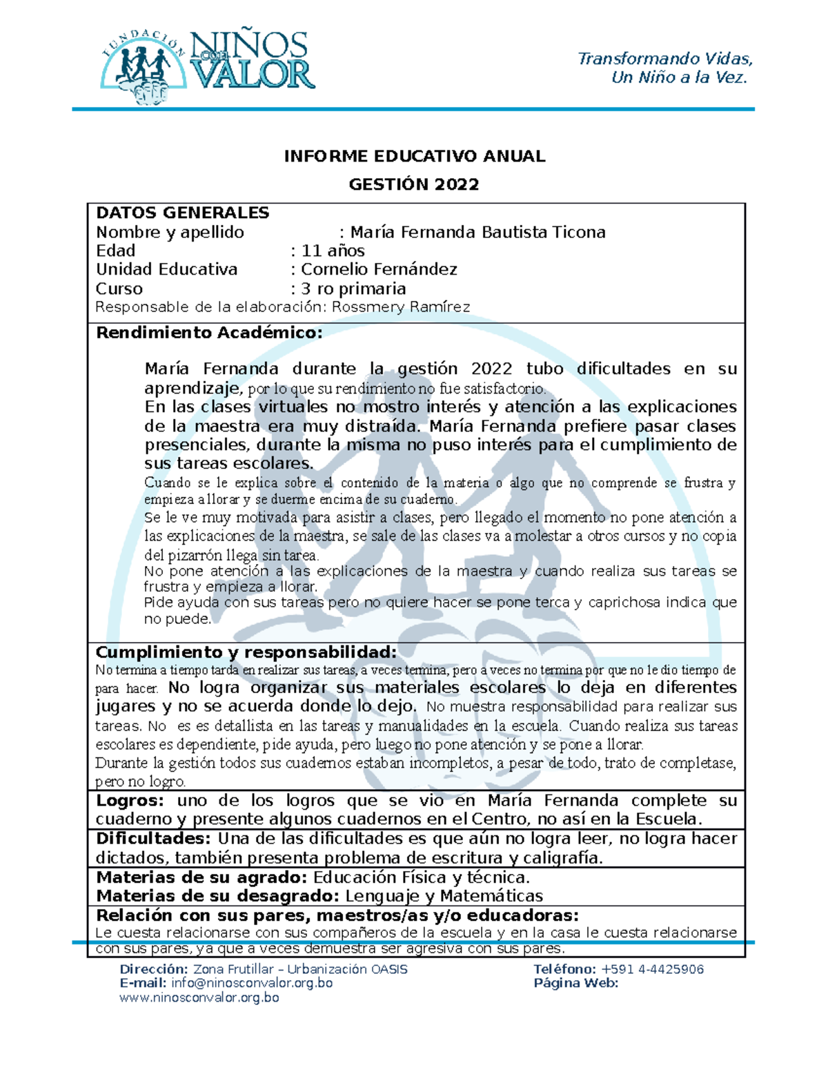 Informe educativo Maria Fernanda - INFORME EDUCATIVO ANUAL GESTIÓN 2022 ...
