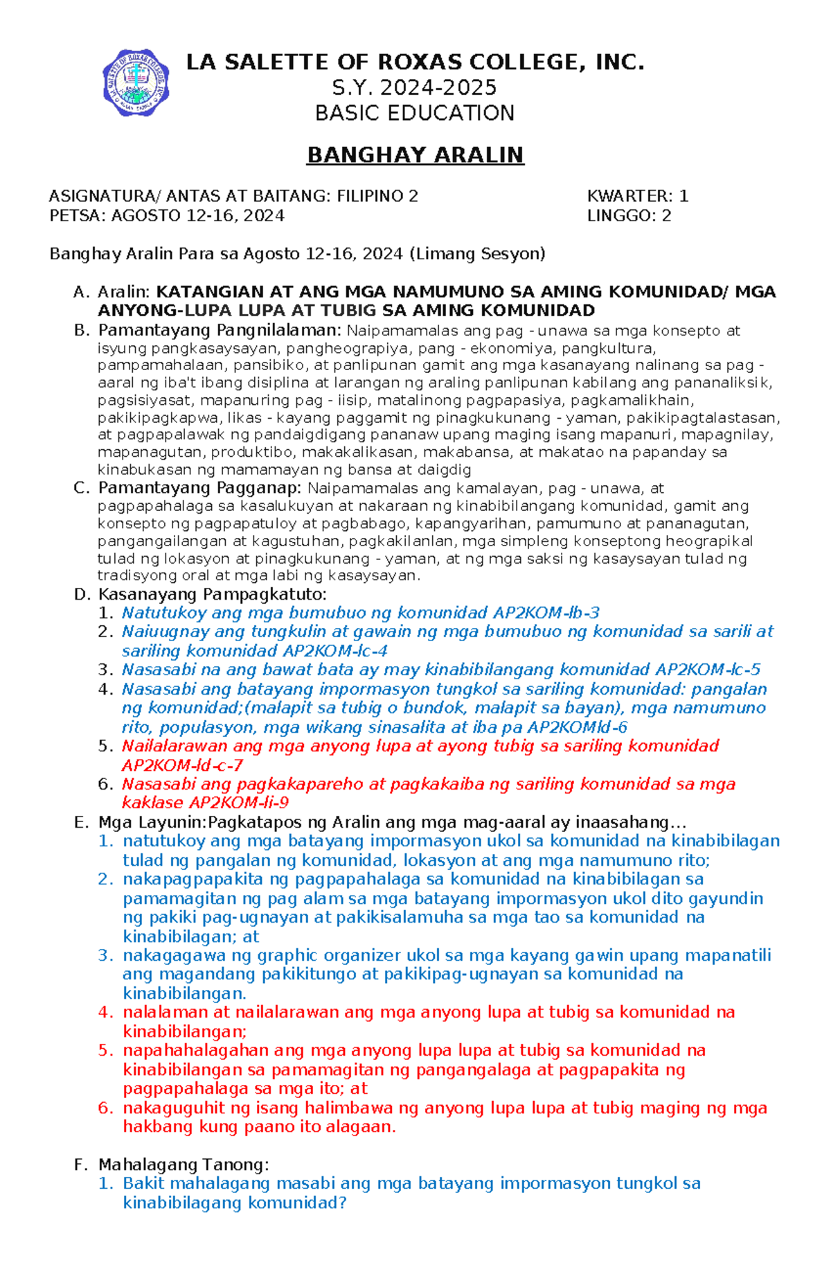 AP 2 Q1 W2 - Banghay Aralin sa Araling Panlipuna - LA SALETTE OF ROXAS ...
