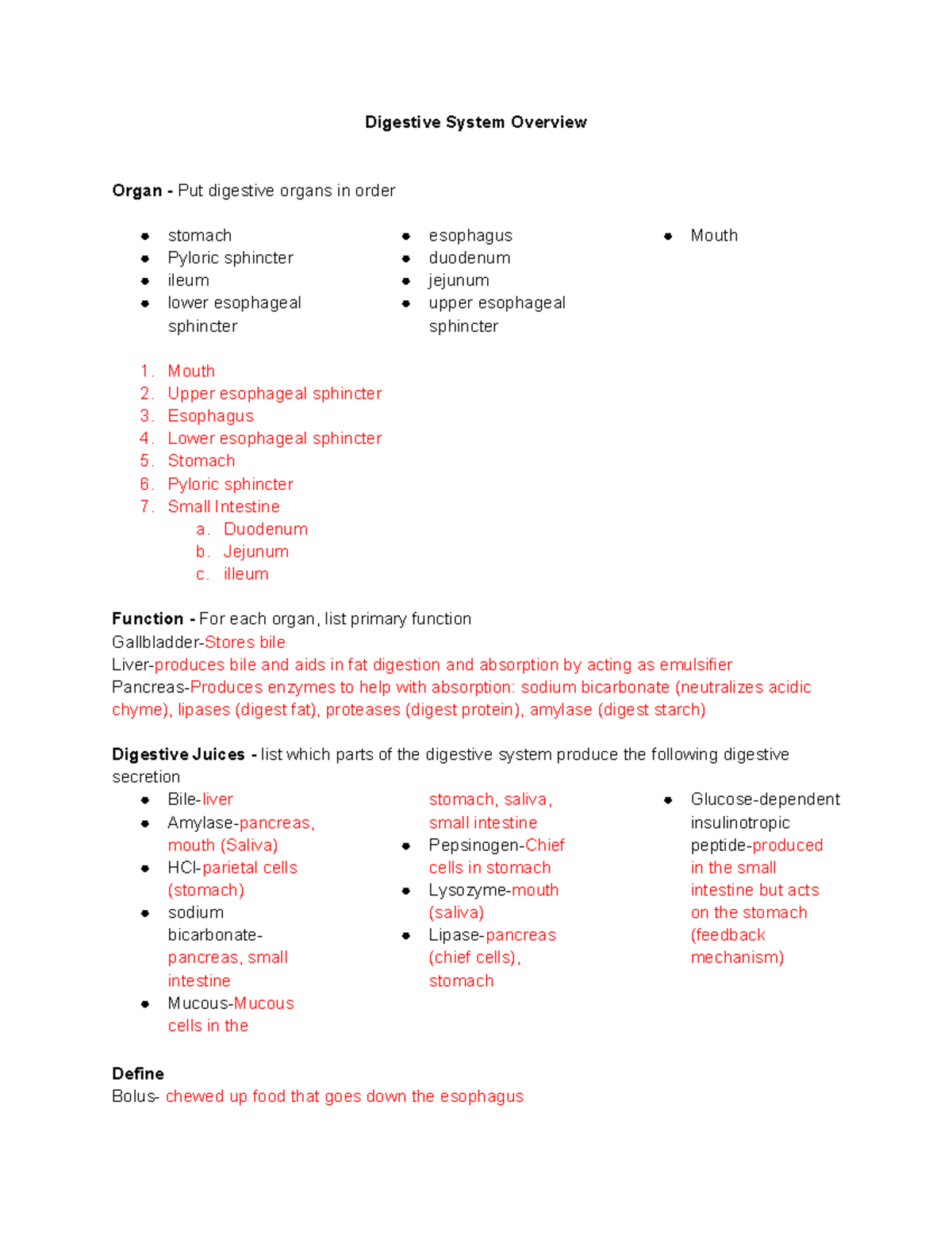 Part 1 - Digestive System Overview - Digestive System Overview Organ ...