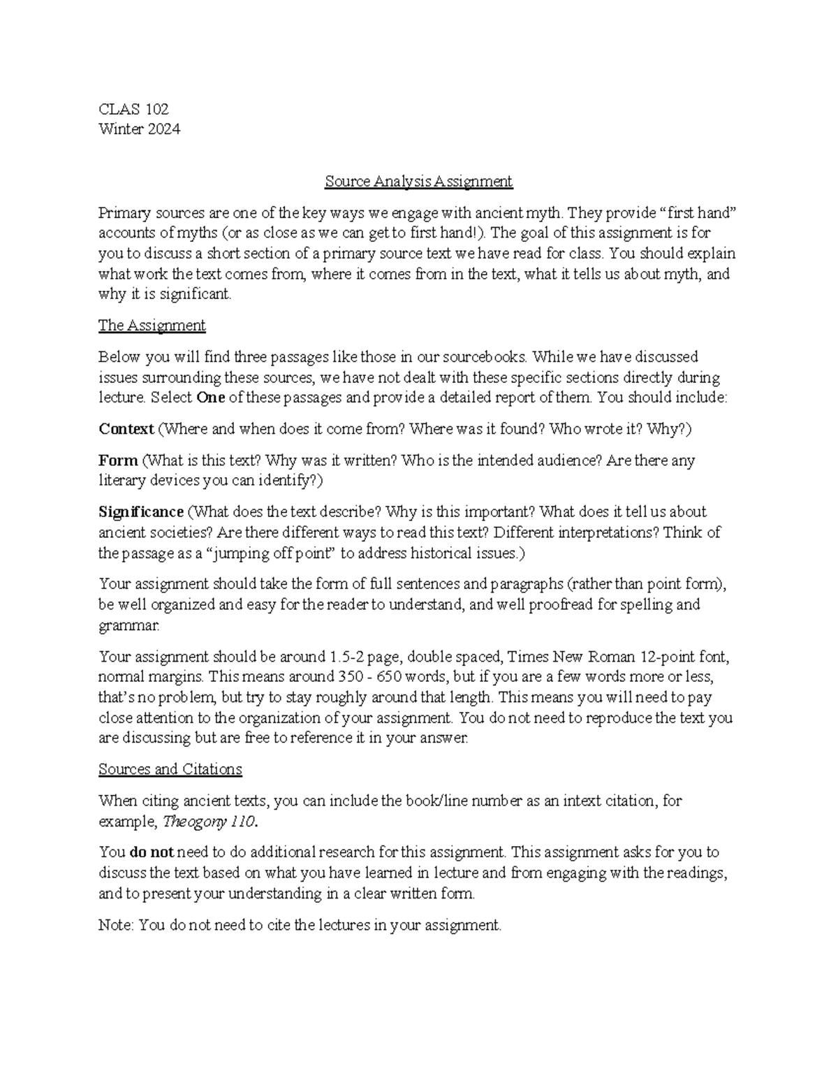 CLAS 102 Assignment 1 Source Analysis - CLAS 102 Winter 2024 Source Analysis Assignment Primary ...