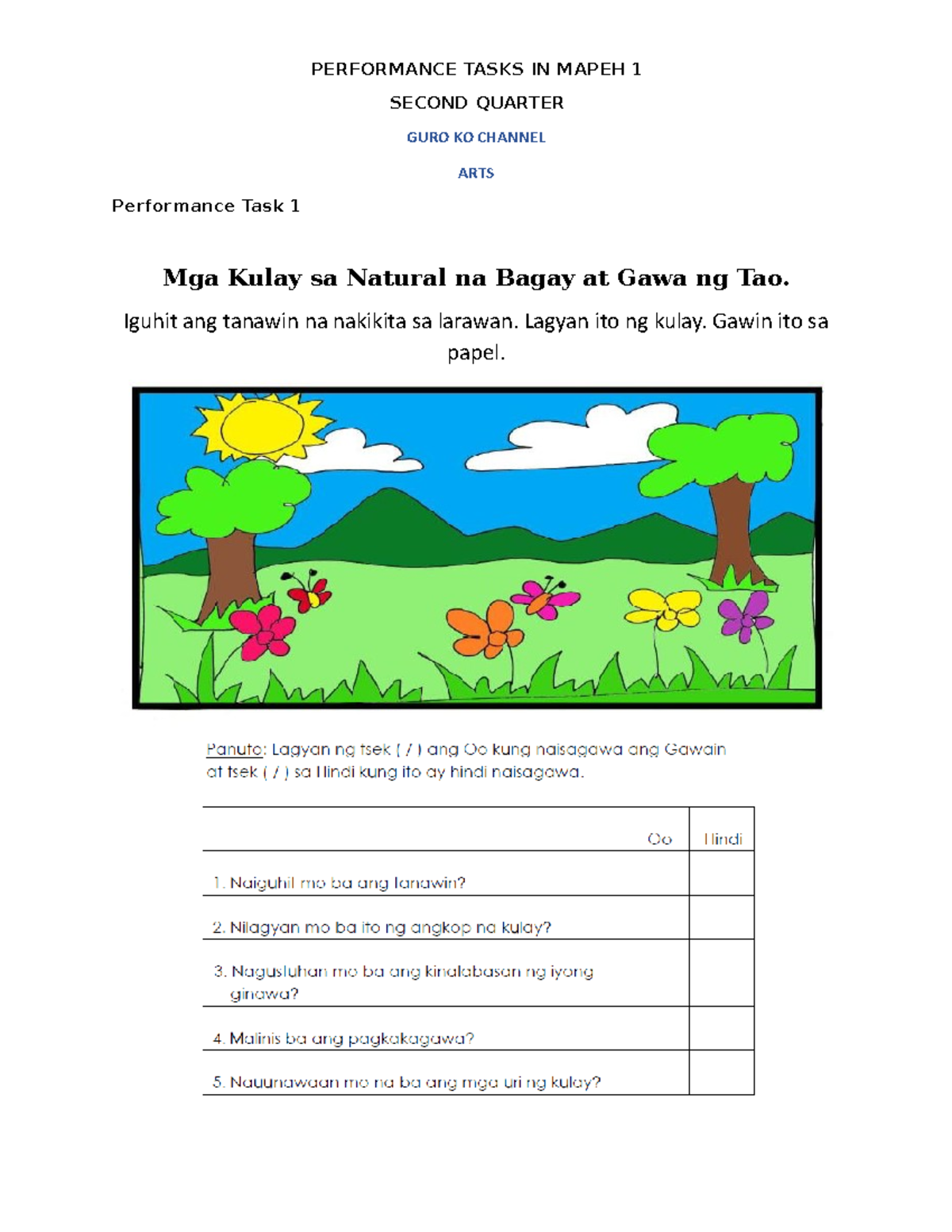 Mapeh 1 Q2 - lesson plan - GURO KO CHANNEL ARTS Performance Task 1 Mga ...