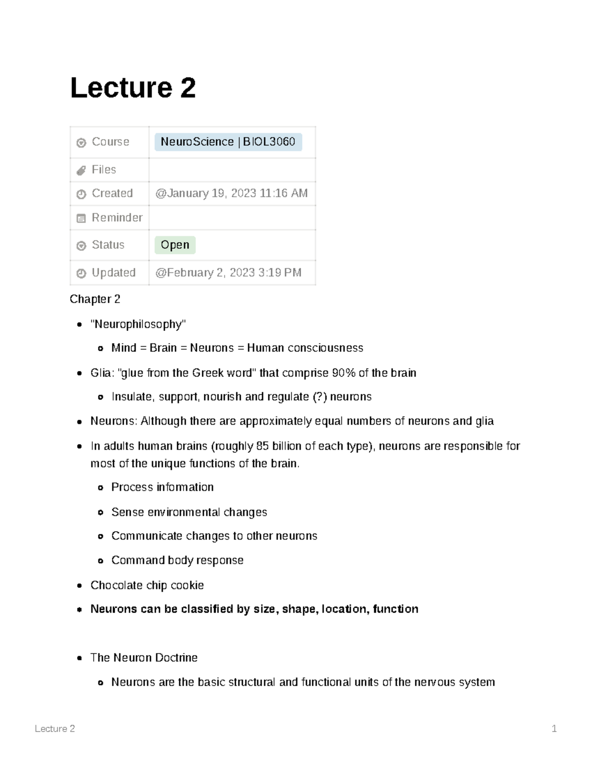 Lecture 2 - Lecture 2 Course NeuroScience | BIOL Files Created Reminder ...