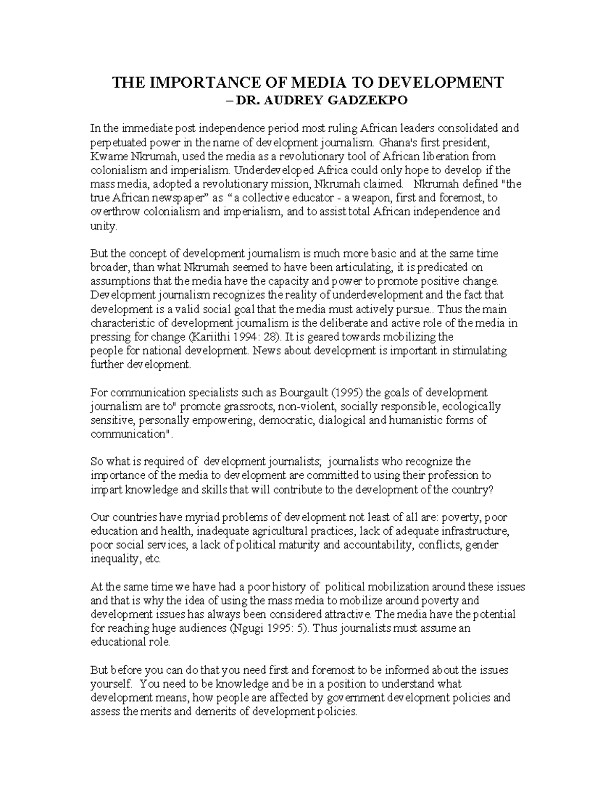 Media and development - Important areas and understanding of model ...