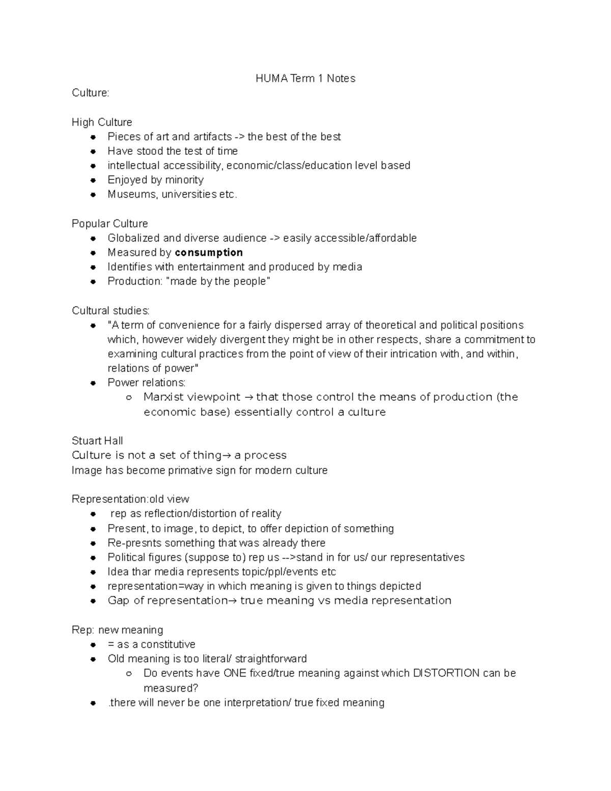 HUMA Notes - Prof: Elicia Clements - HUMA Term 1 Notes Culture: High ...