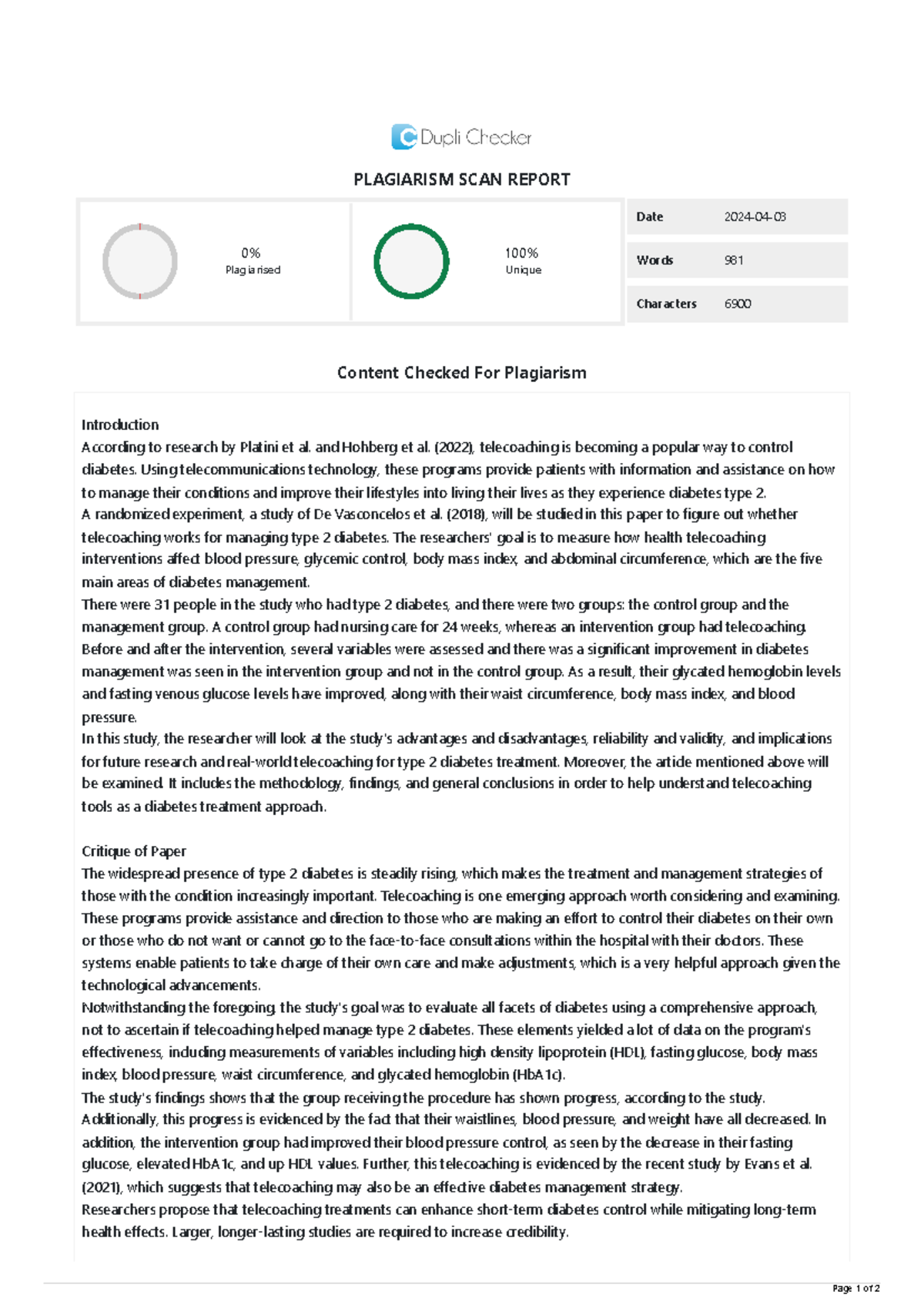 Duplichecker-Plagiarism-Report - PLAGIARISM SCAN REPORT 0% Plagiarised ...