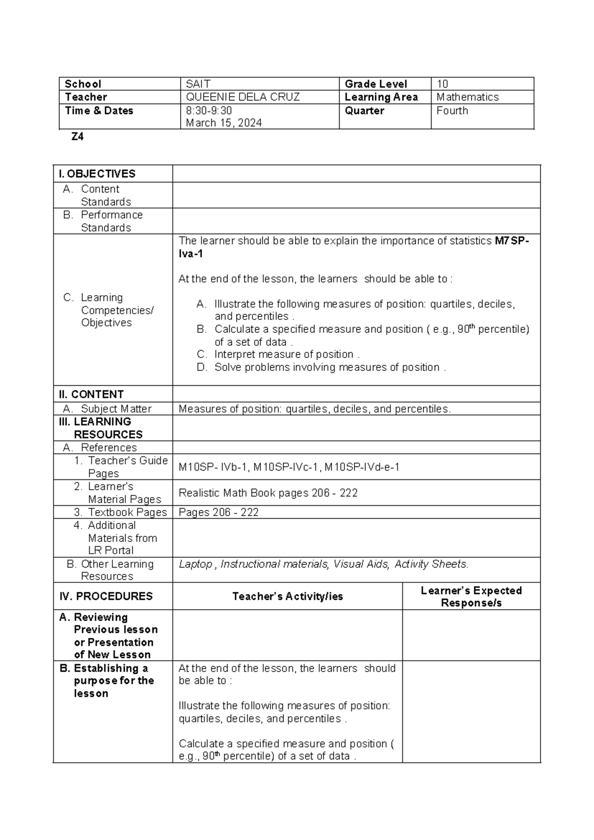 9trigonometry - lesson plan - Z I. OBJECTIVES A. Content Standards B ...