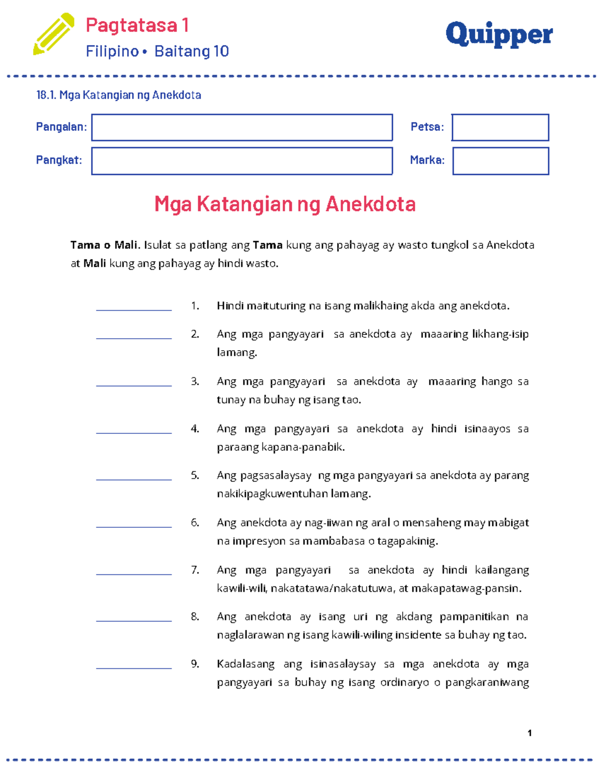 ME Fil 10 Q3 1801 WS - INFORMATIVE - Pagtatasa 1 Filipino • Baitang 10 ...