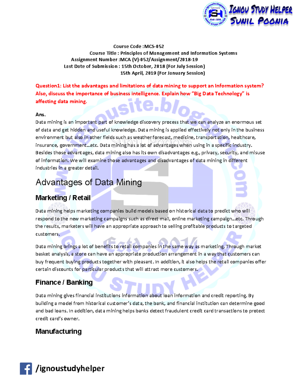 Mcs -052 2018-19 - Mca solved assignments - Course Code :MCS-052 Course Title : Principles of ...