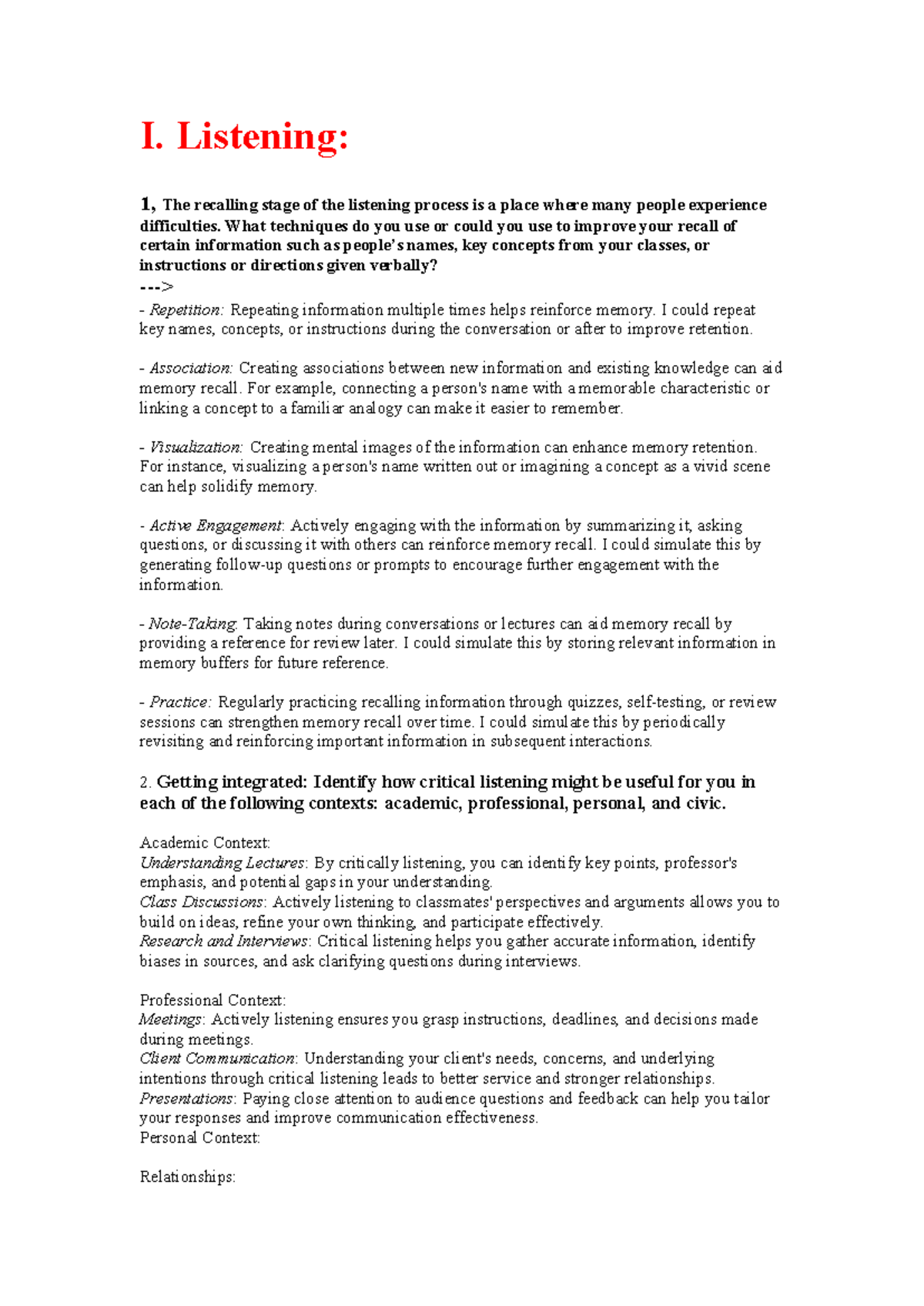 Bt khgt - good - I. Listening: 1, The recalling stage of the listening ...