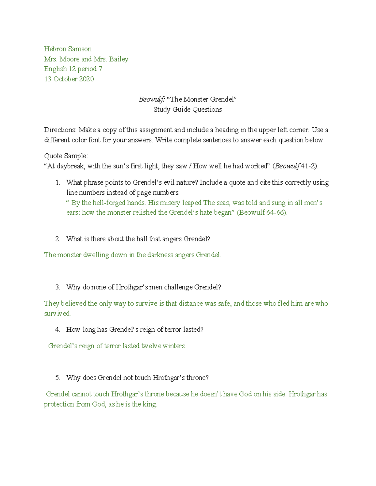 Copy of The Monster Grendel Beowulf Study Guide - Hebron Samson Mrs ...