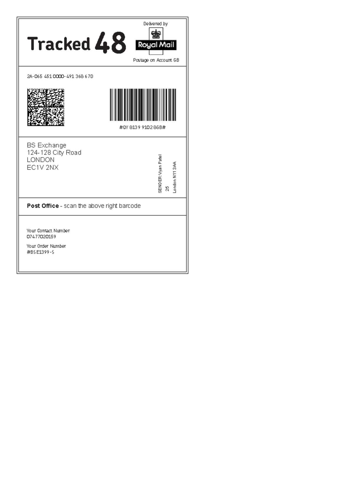 Tracked Returns label QY813991028 GB - Delivered by Postage on Account ...