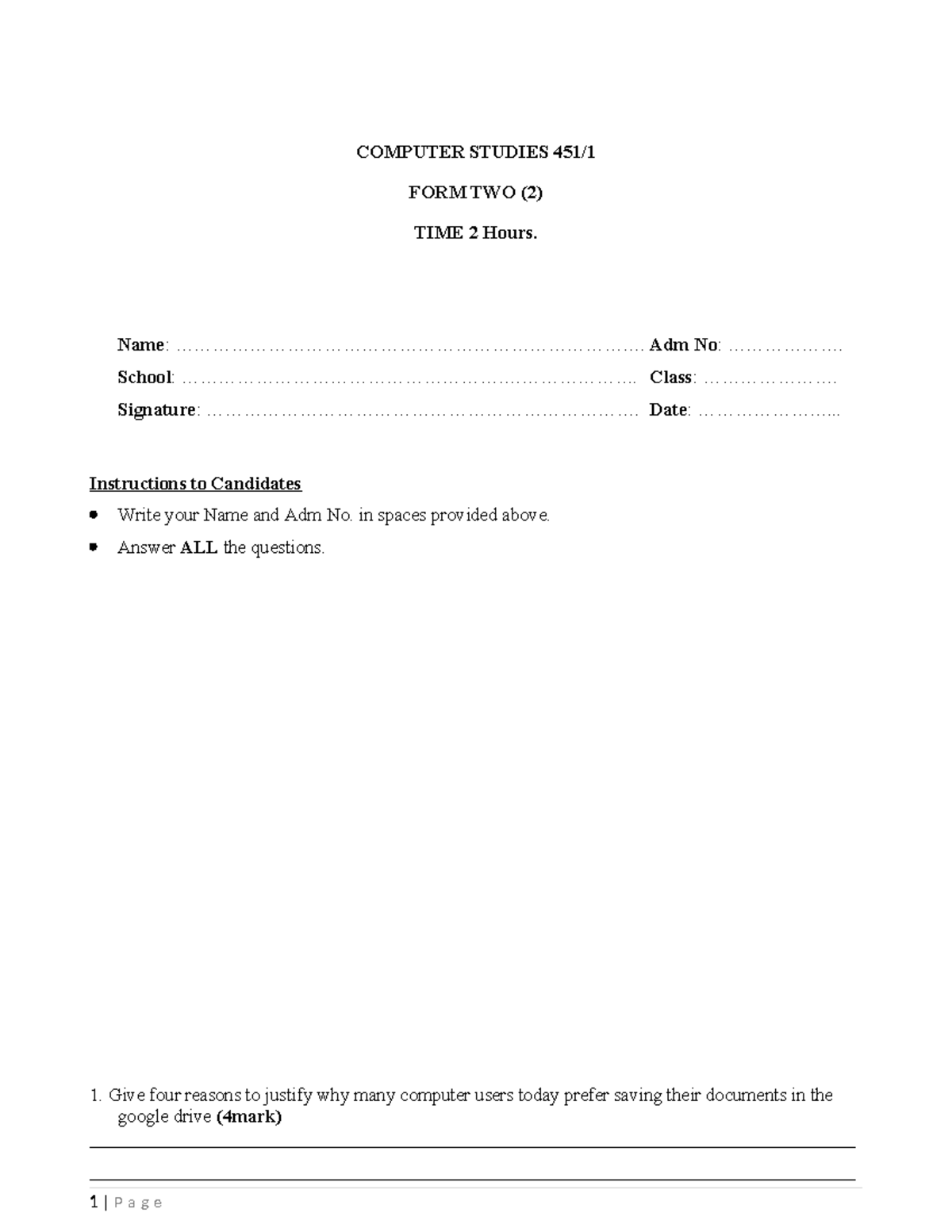 Computer Studies FORM 2 Midterm EXAM - COMPUTER STUDIES 451/ FORM TWO ...