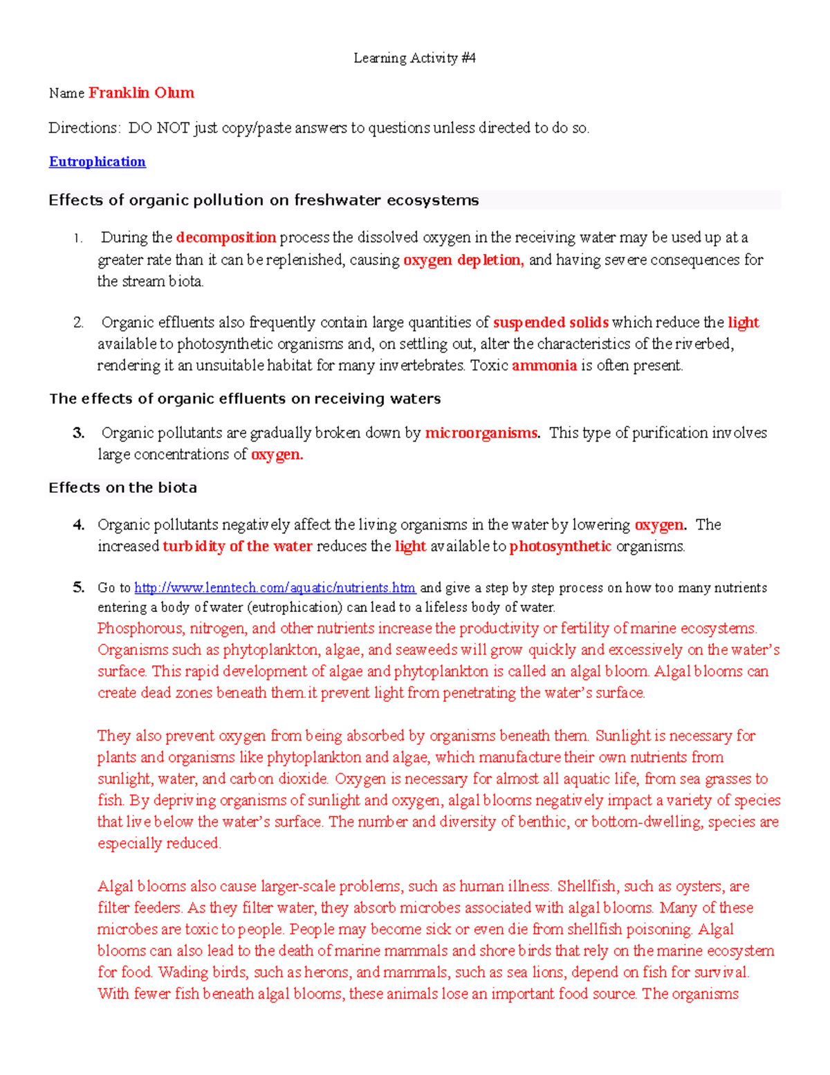 Learning Activity #4 - Eutrophication Effects of organic pollution on ...