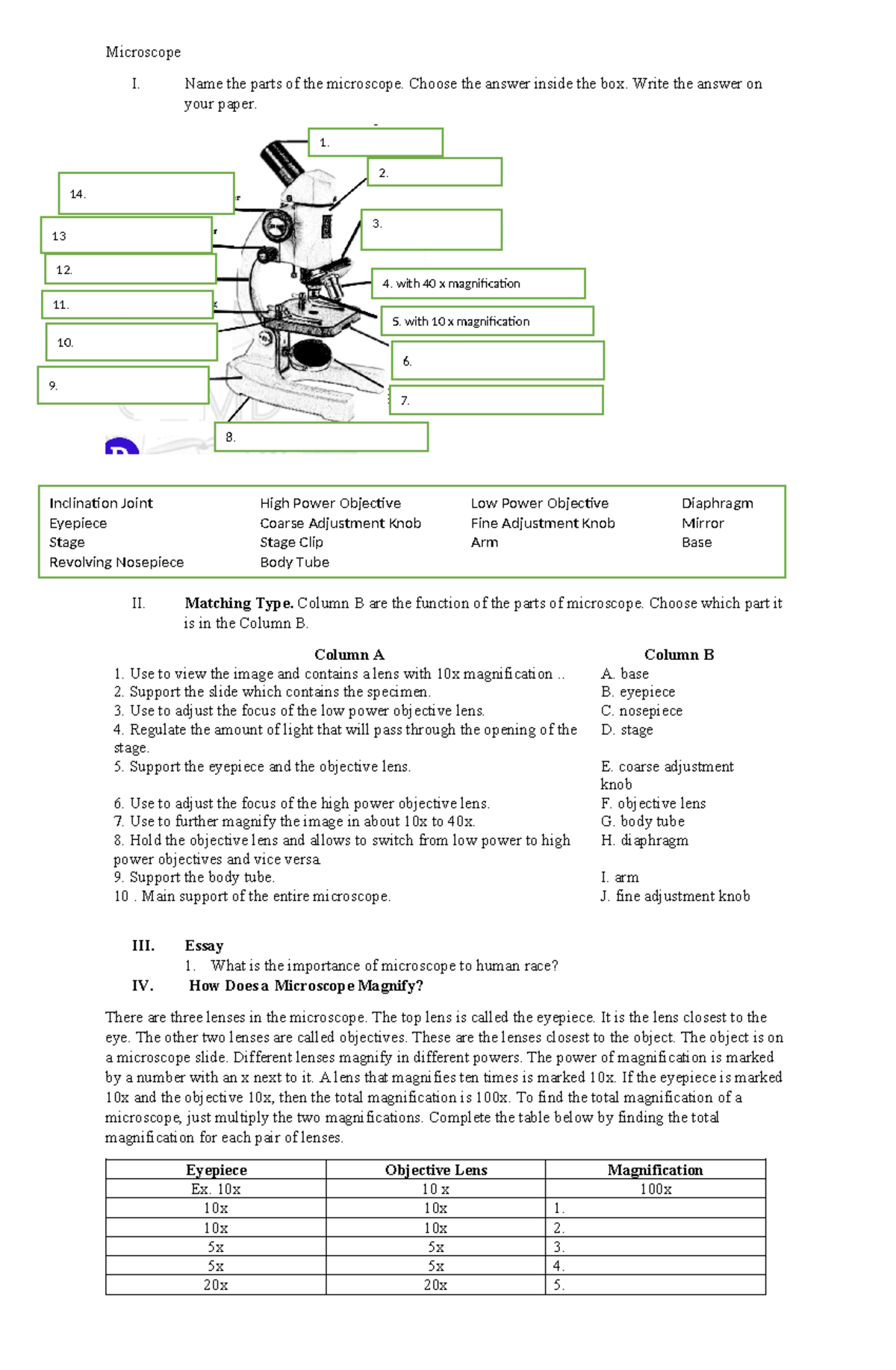 Quiz - Quiz on microscope - Microscope I. Name the parts of the ...