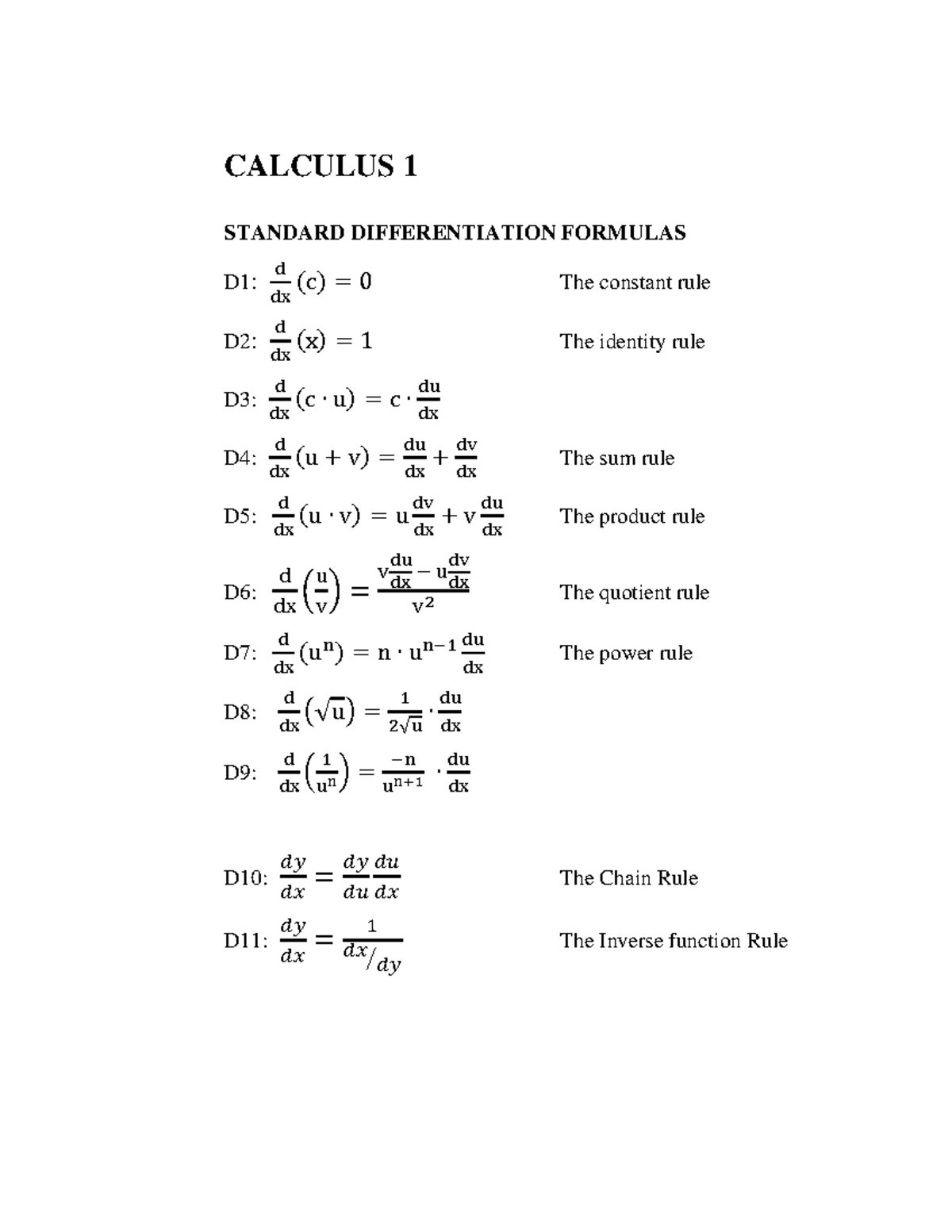 Calculus-1-Formulas - Just browse - CALCULUS 1 STANDARD DIFFERENTIATION FORMULAS D1: d dx (c ...