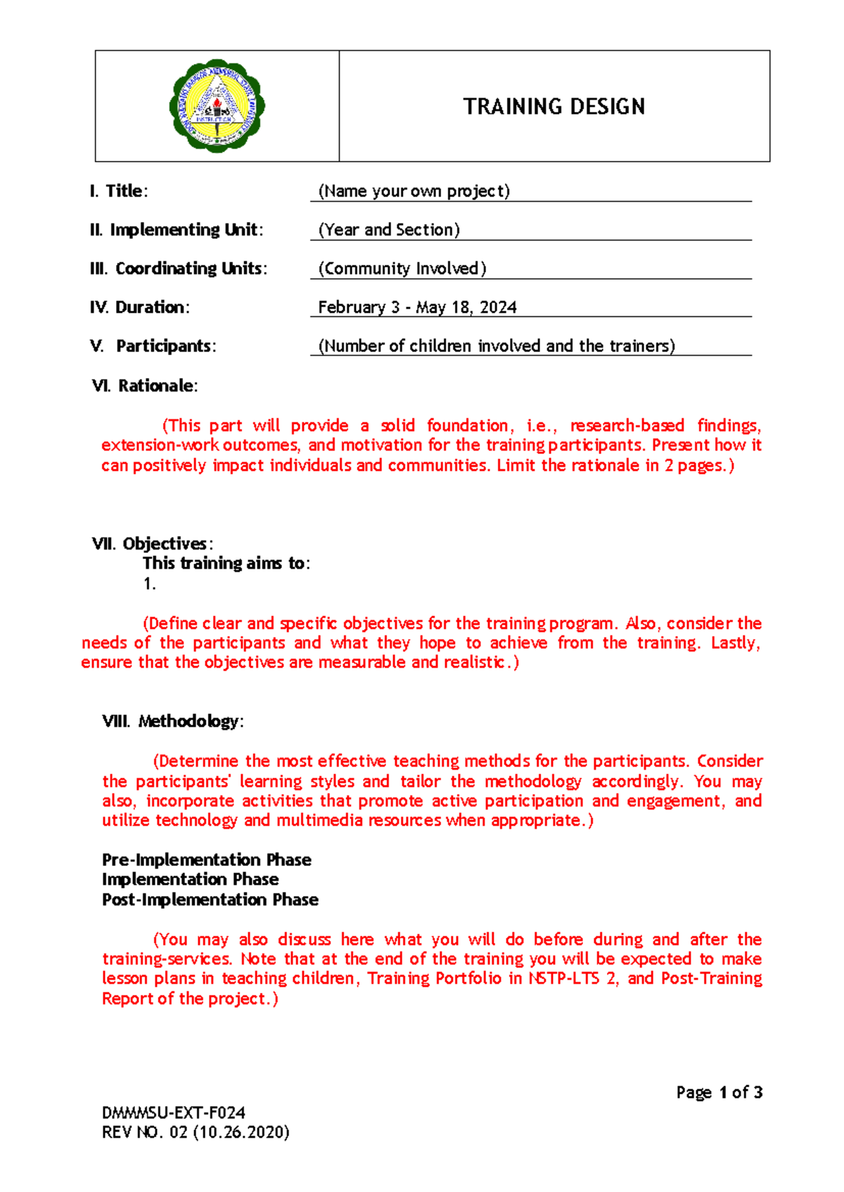 3.-Training-Design-Format-NSTP-LTS-2 - TRAINING DESIGN I. Title: (Name ...