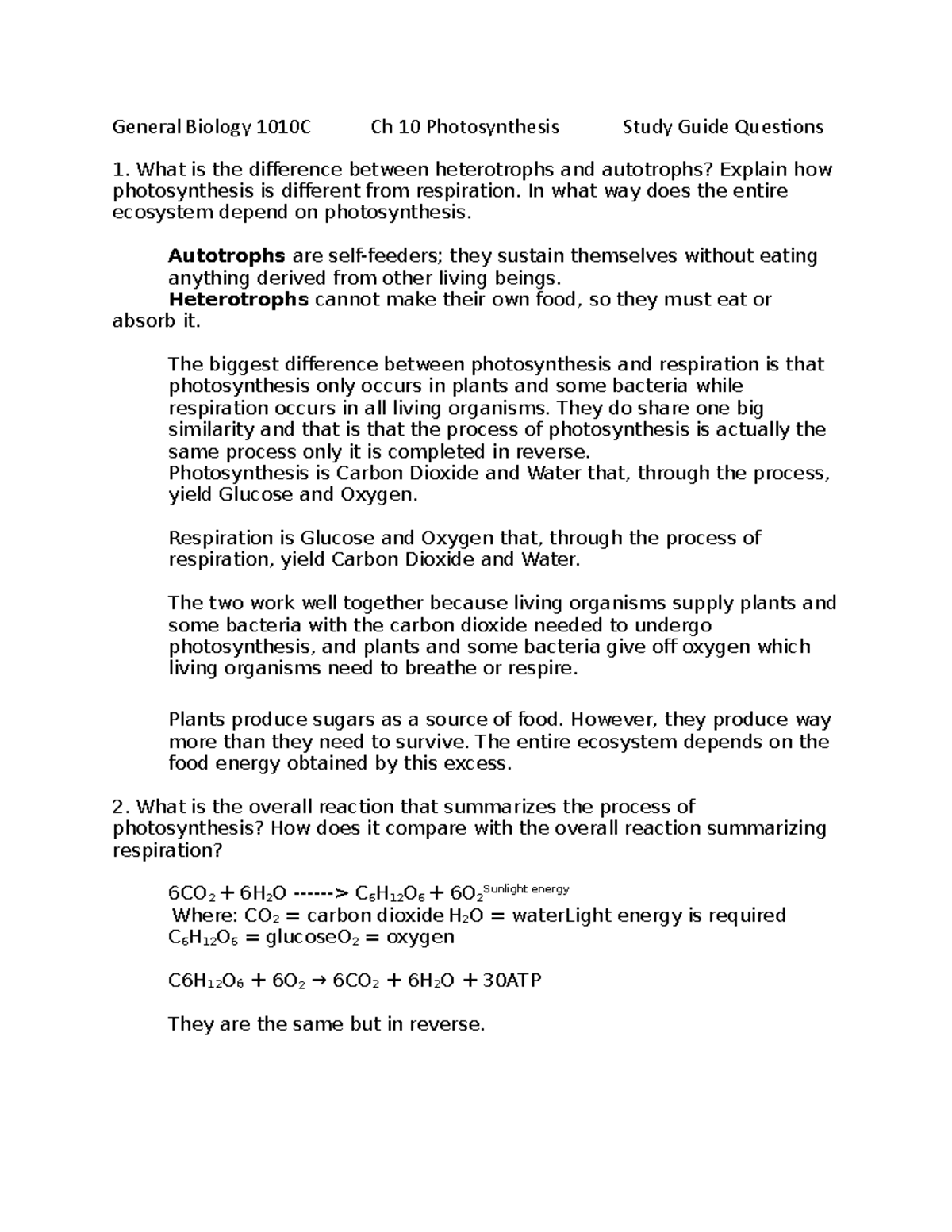 Chapter 10 Study Guide - General Biology 1010C Ch 10 Photosynthesis ...