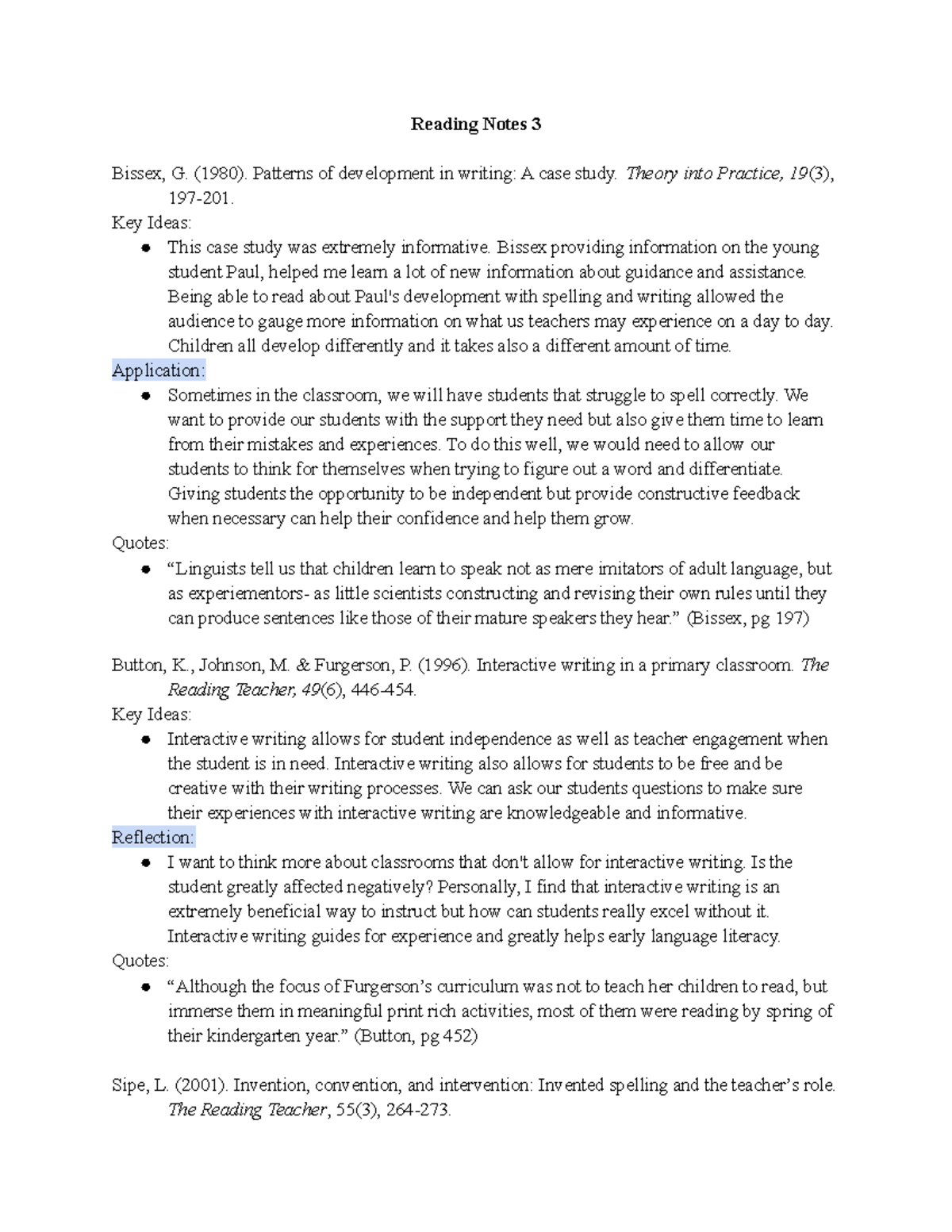 LLED 401 Reading Notes #3 - Reading Notes 3 Bissex, G. (1980). Patterns ...