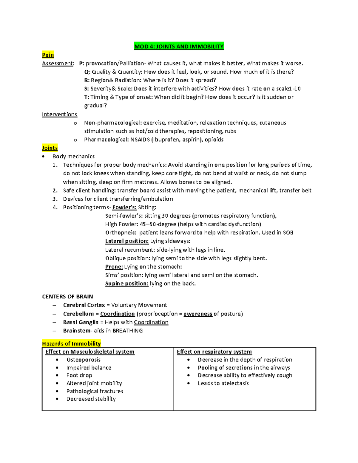MDC1 Final Study Guide-converted - MOD 4: JOINTS AND IMMOBILITY Pain ...