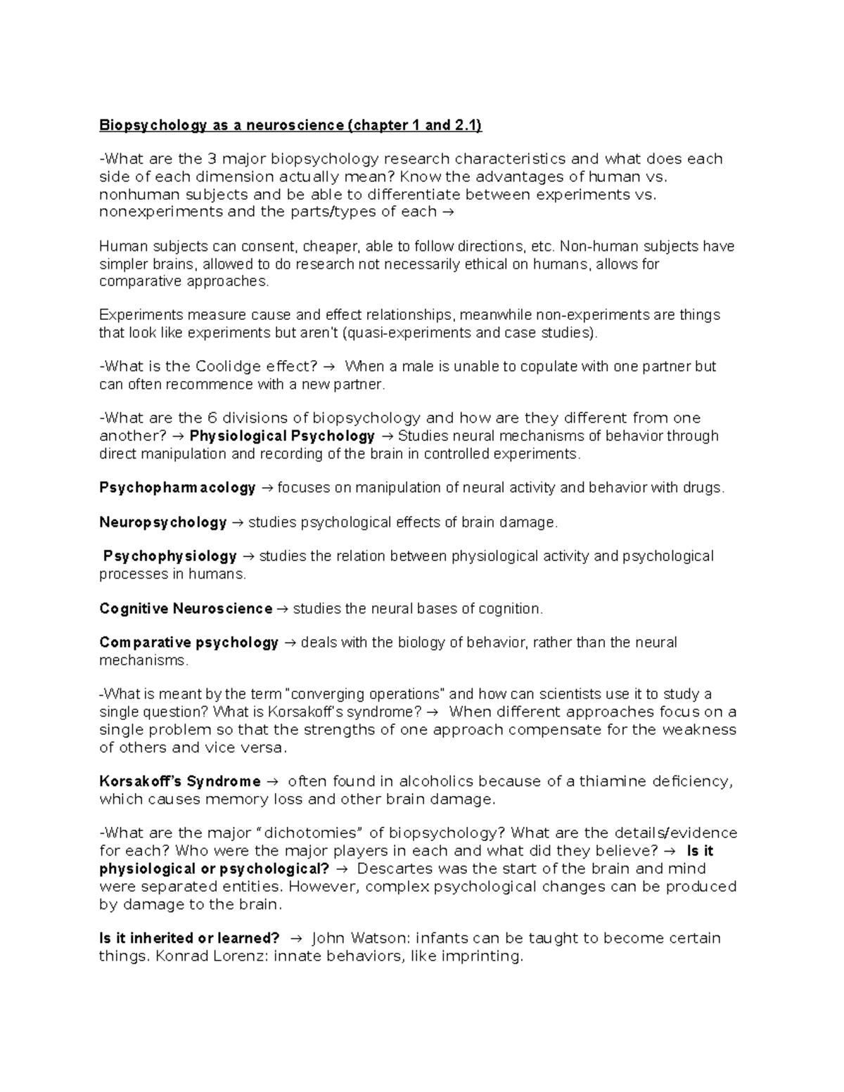 PS 235 - Ch. 1 and 2.1 Study Guide - Biopsychology as a neuroscience ...
