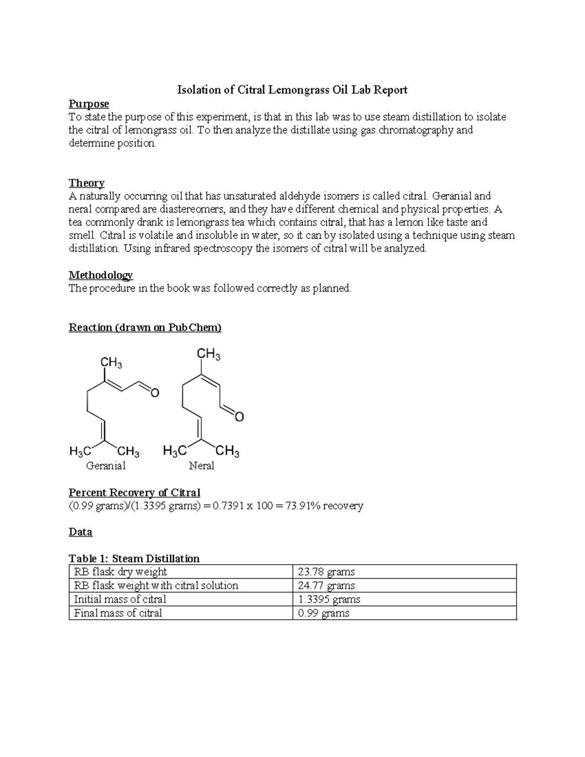 Labreport - experiment lab report - Isolation of Citral Lemongrass Oil Lab Report Purpose To ...