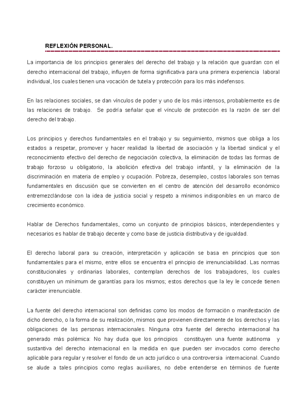 Reflexion del Derecho Laboral - REFLEXIÓN PERSONALÓN PERSONAL. La ...