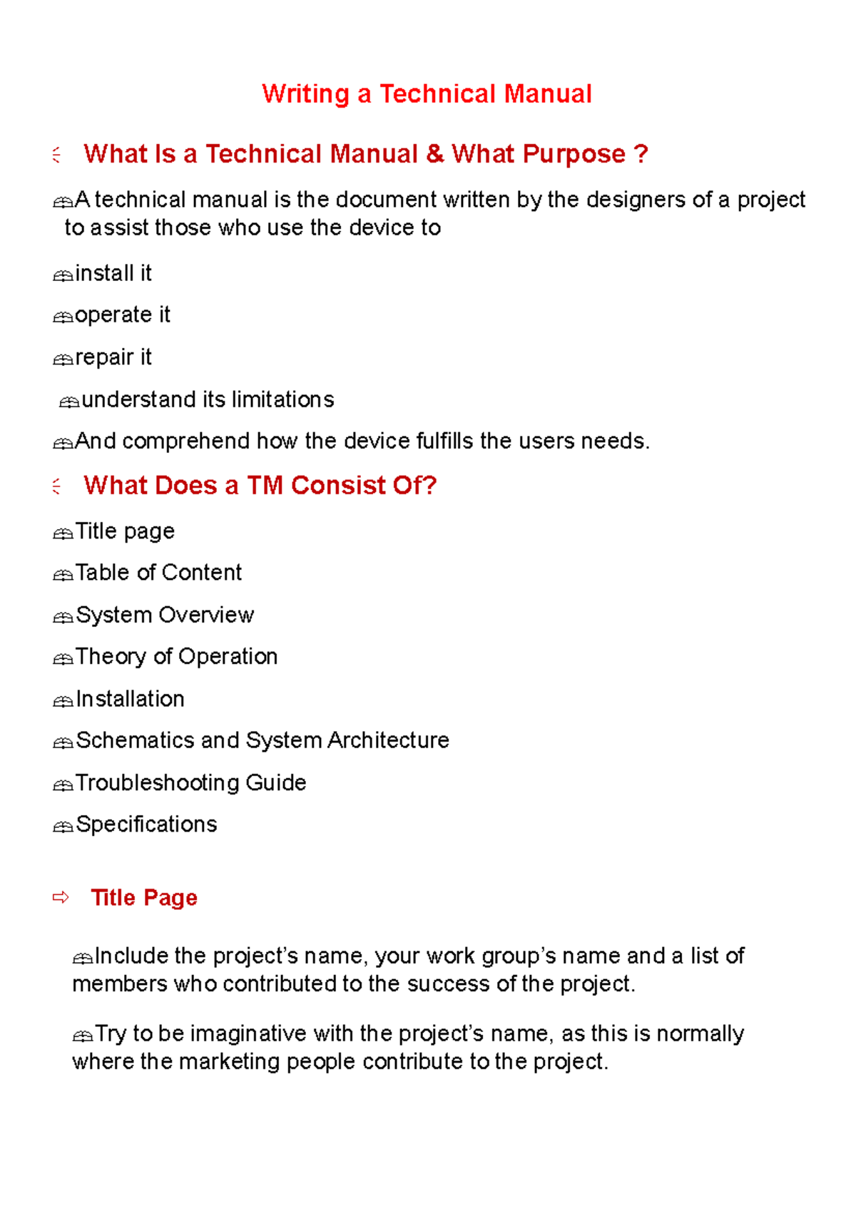 Writing a Technical Manual - What Does a TM Consist Of? Title page ...