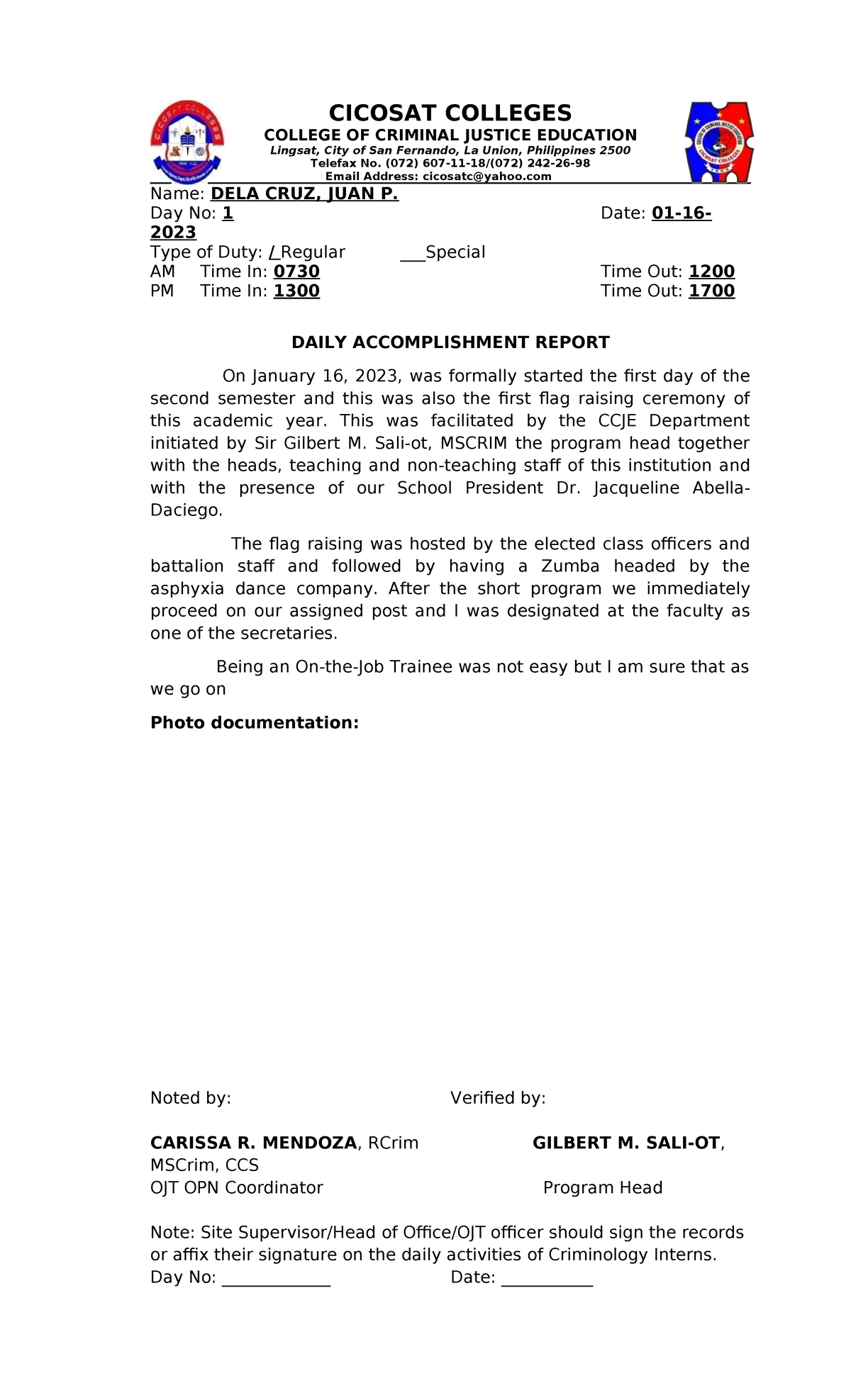 DAR- Sample - CICOSAT COLLEGES COLLEGE OF CRIMINAL JUSTICE EDUCATION ...