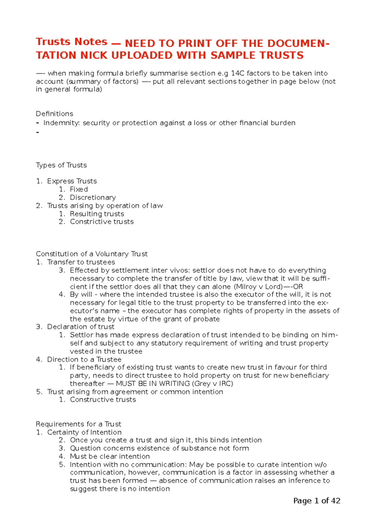 Trusts Exam Notes - Trusts Notes — NEED TO PRINT OFF THE DOCUMEN ...