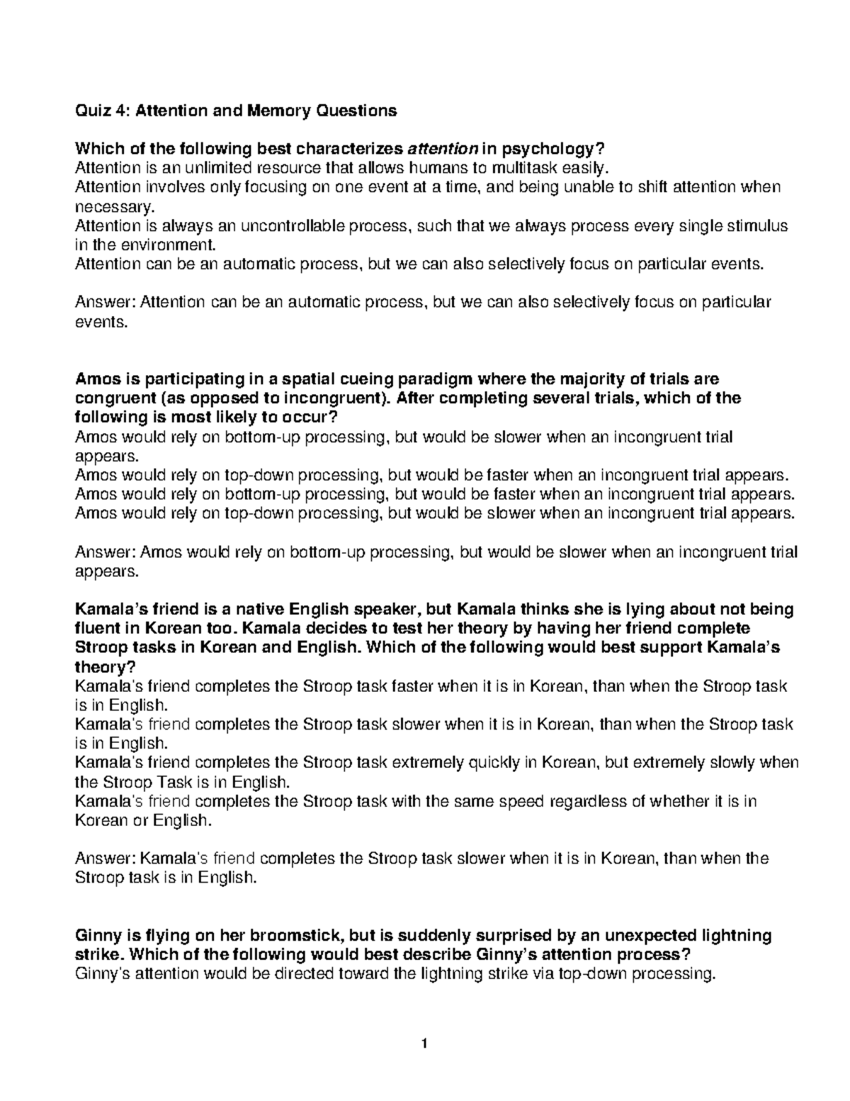 Quiz 4 Attention Memory - Quiz 4: Attention and Memory Questions Which ...