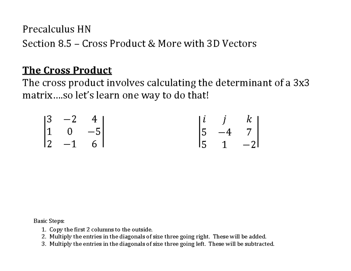 Notes+8 - In Class Work - Precalculus HN Section 8 – Cross Product ...