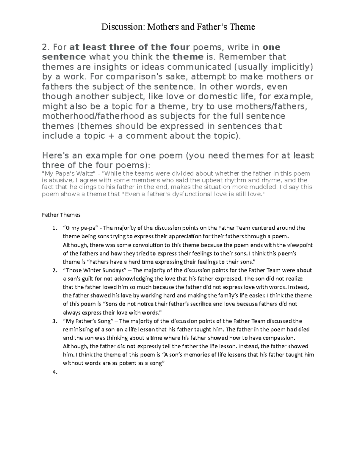 Theme Discussion - Discussion: Mothers and Father’s Theme 2. For at ...