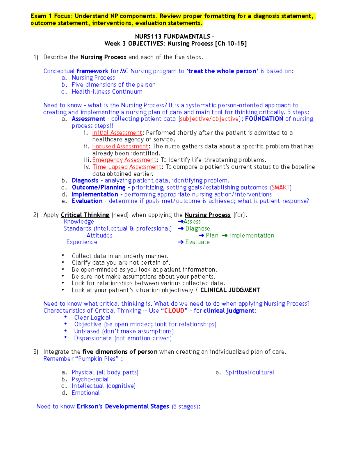 EXAM 1 Notes Nursing Process - Exam 1 Focus: Understand NP components ...