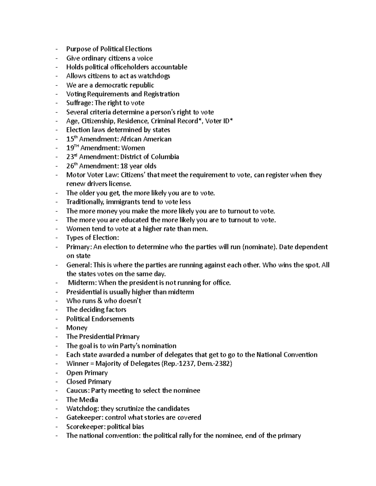 Campaigns and Elections Notes - Purpose of Political Elections Give ...