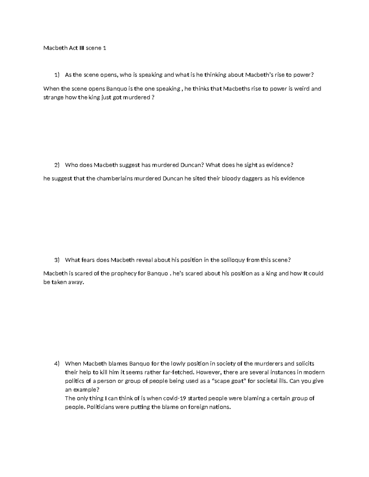 Macbeth Act III scene 1 answers - Macbeth Act III scene 1 1) As the ...