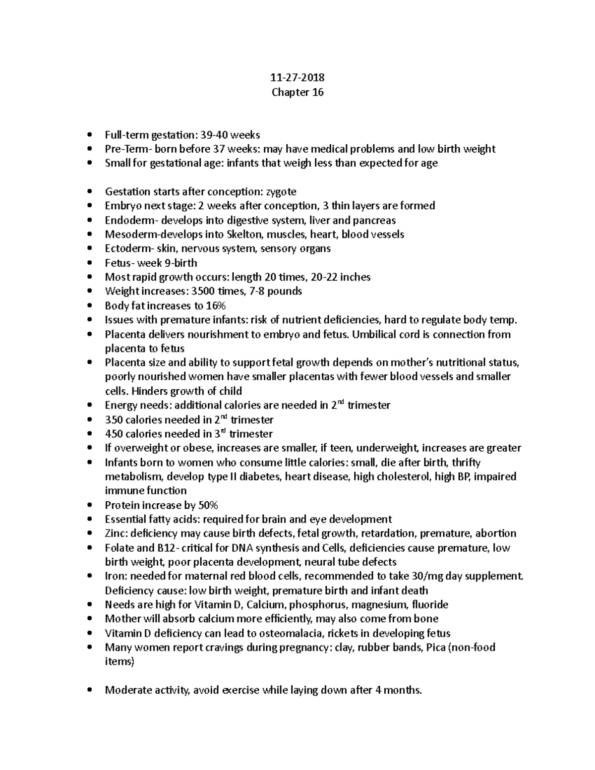 Chapter 16 - Ch. 16 into to nutrition - Chapter 16 gestation: weeks ...