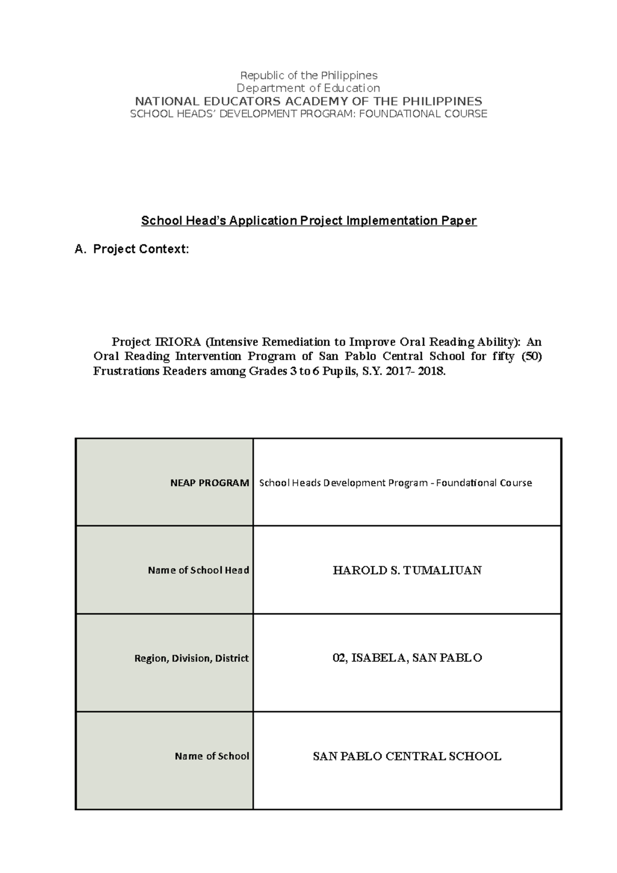 SHDP Foundation Course Application Project PLAN Iriora - Department of ...