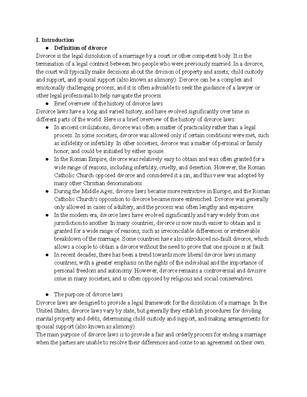 Divorce Law Notes - I. Introduction Definition of divorce Divorce is ...