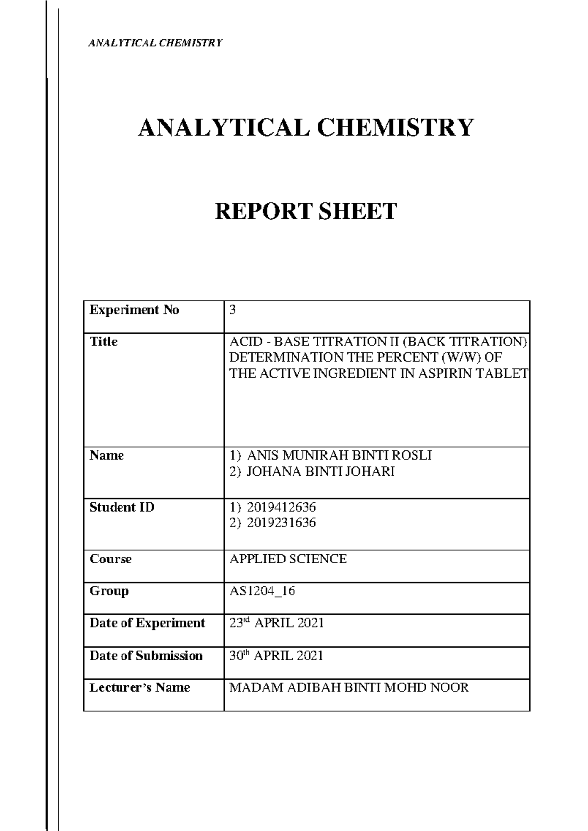 Report Sheet 3 Analytical Chemistry (CHM256) - ANALYTICAL CHEMISTRY ...
