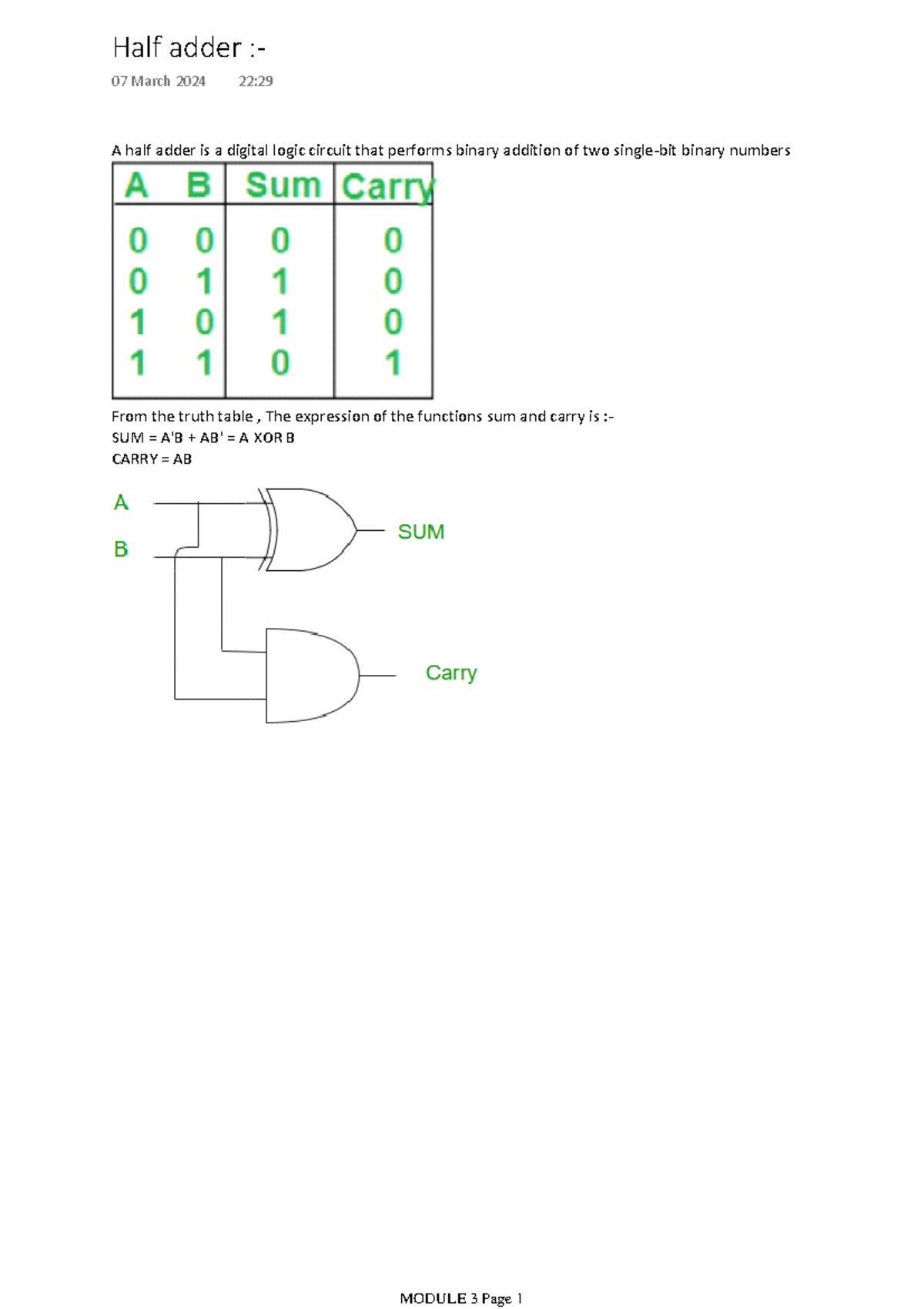 DSD sem 2 notes - A half adder is a digital logic circuit that performs ...
