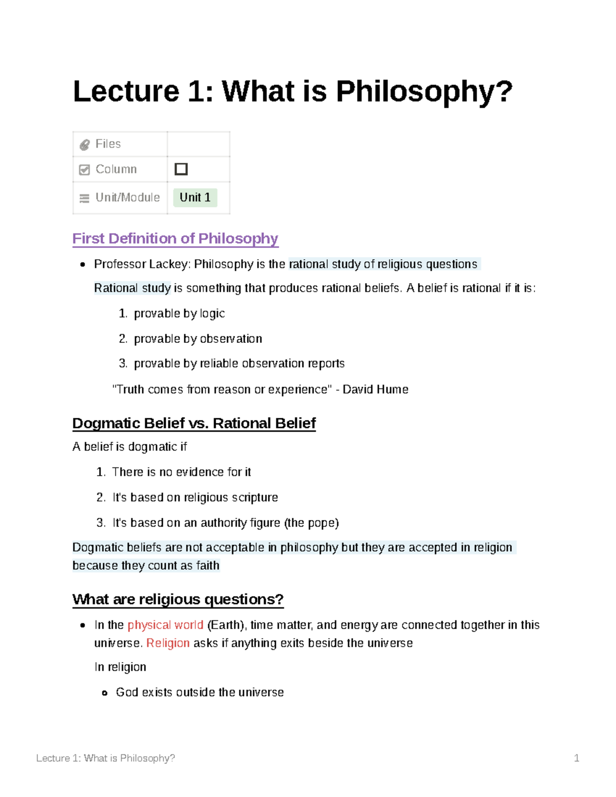 Lecture 1 What is Philosophy - Lecture 1: What is Philosophy? Files ...