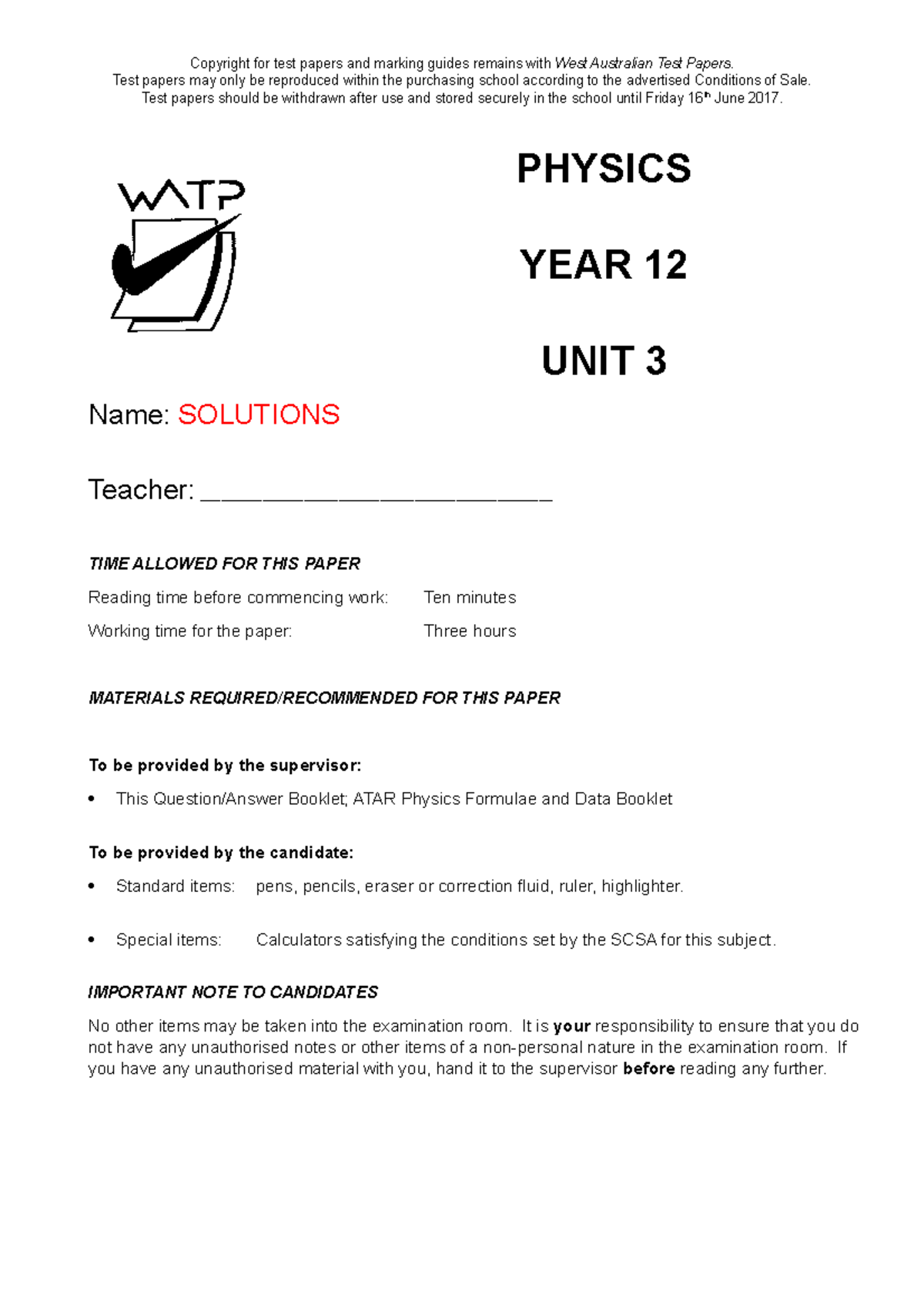 2017 WATP Physics Unit 3 Marking Key - Copyright for test papers and ...