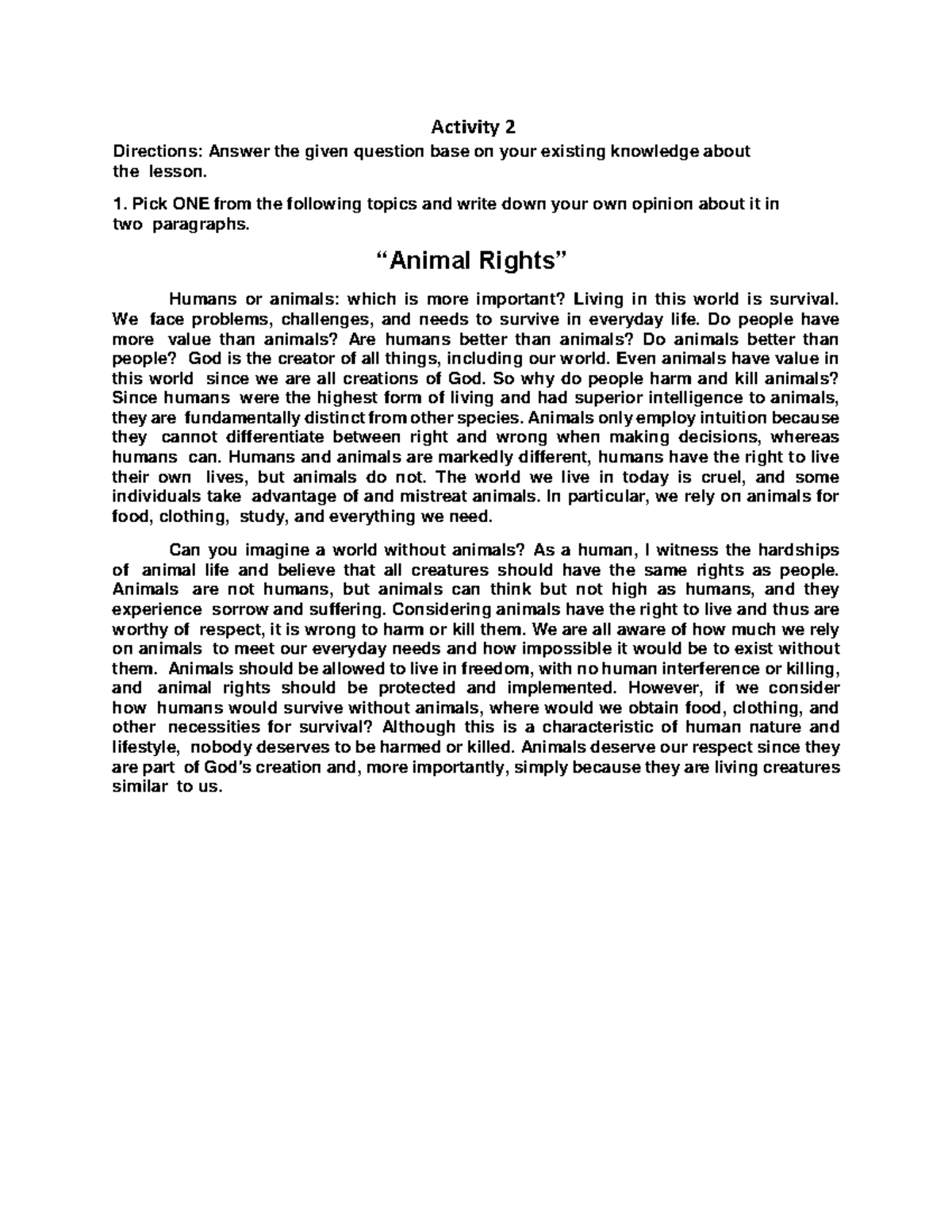 Activity 2 “Animal Rights” - Activity 2 Directions: Answer the given ...