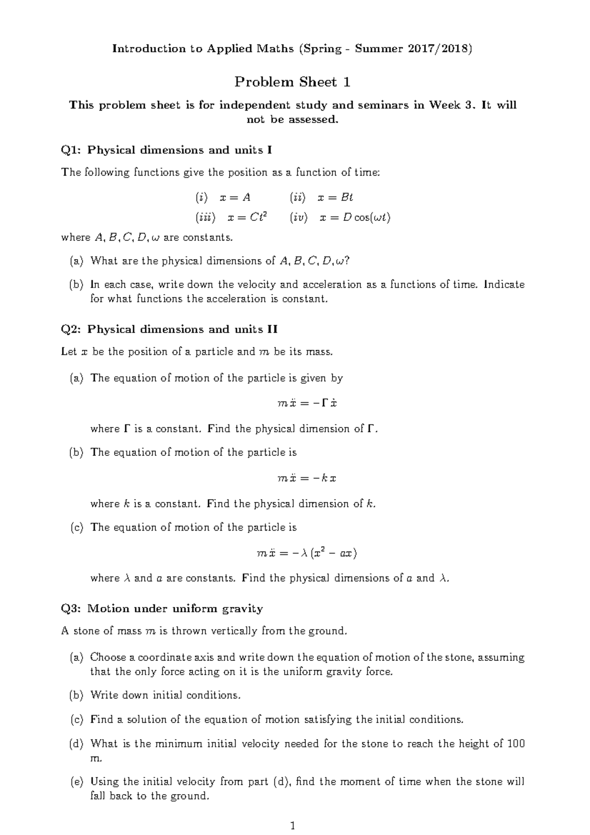 2018 IAM Problem Sheet 1 - Introduction to Applied Maths (Spring ...