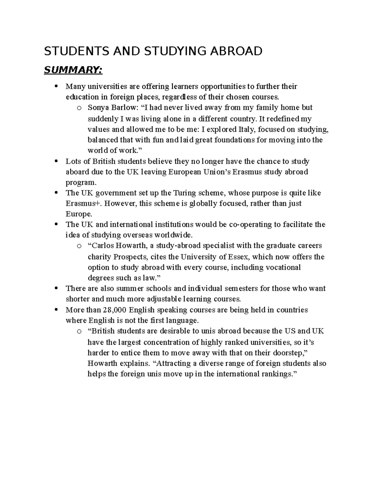 Students AND Studying Abroad - STUDENTS AND STUDYING ABROAD SUMMARY: Many universities are - Studocu