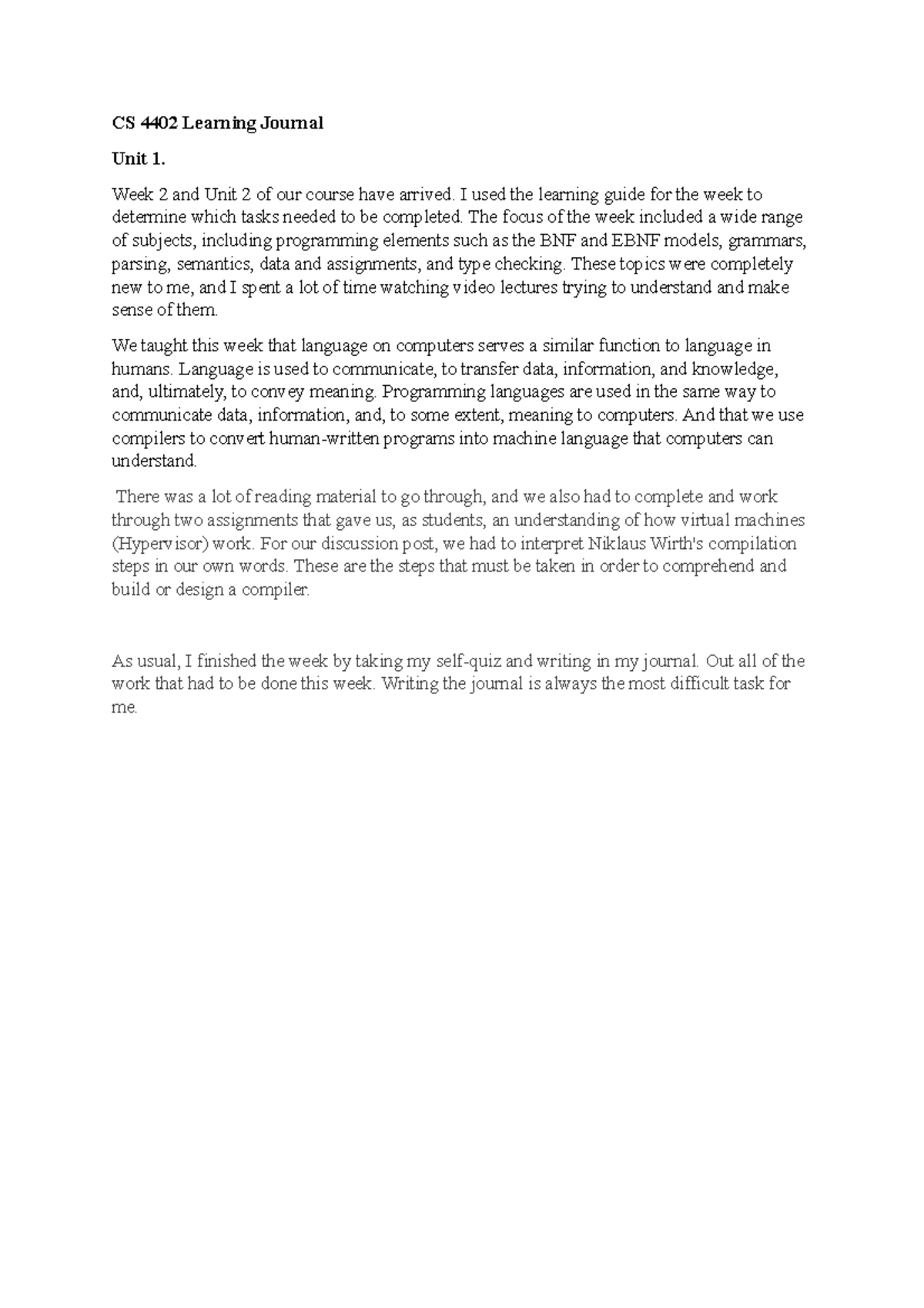 CS 4402 Learning Journal unit 2 - CS 4402 Learning Journal Unit 1. Week 2 and Unit 2 of our ...