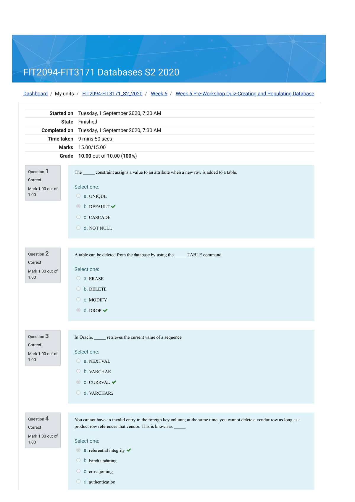 Week 6 Pre Workshop Quiz Creating And Populating Database Attempt Review Dashboard My Units