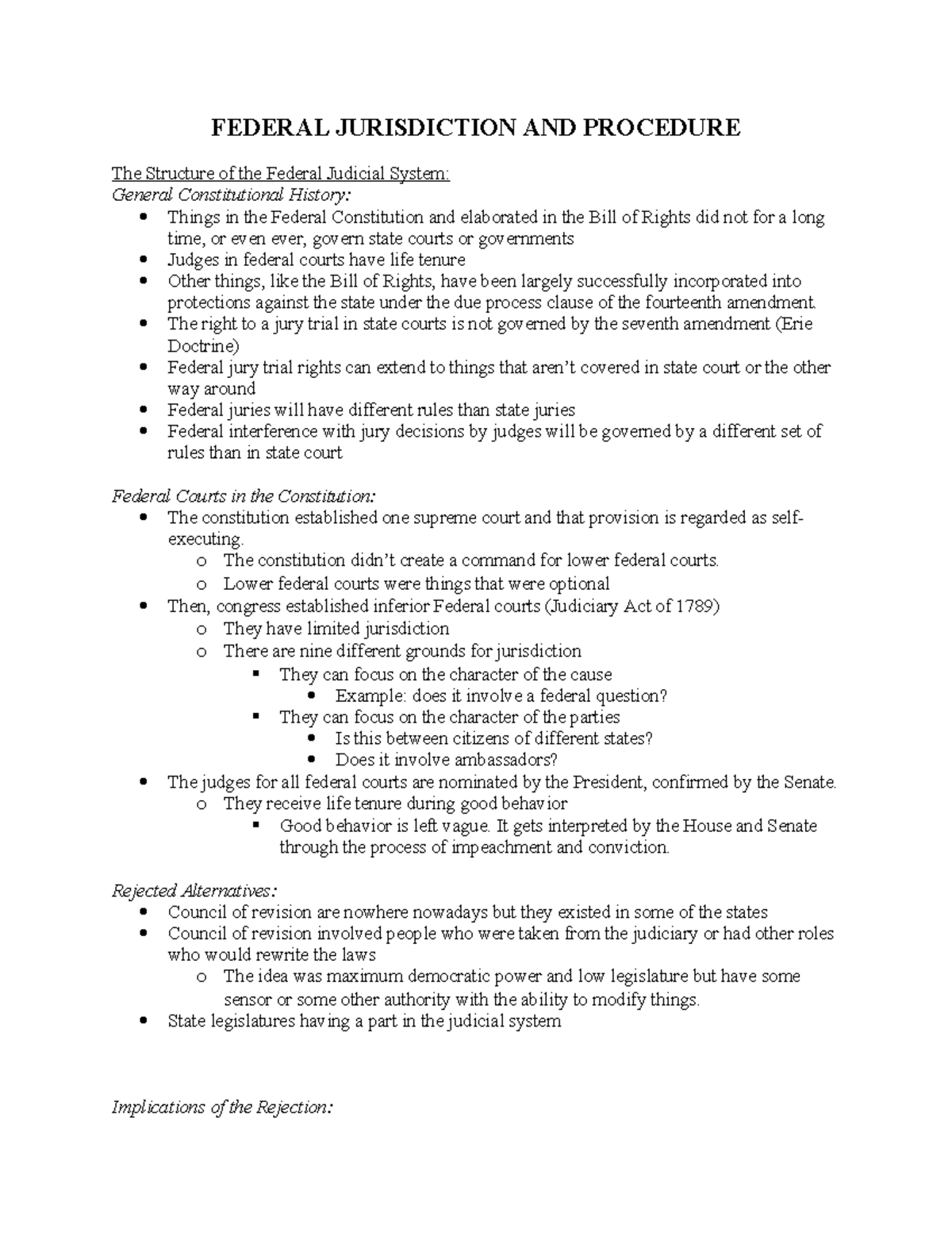 Federal Jurisdiction Summaries - FEDERAL JURISDICTION AND PROCEDURE The ...