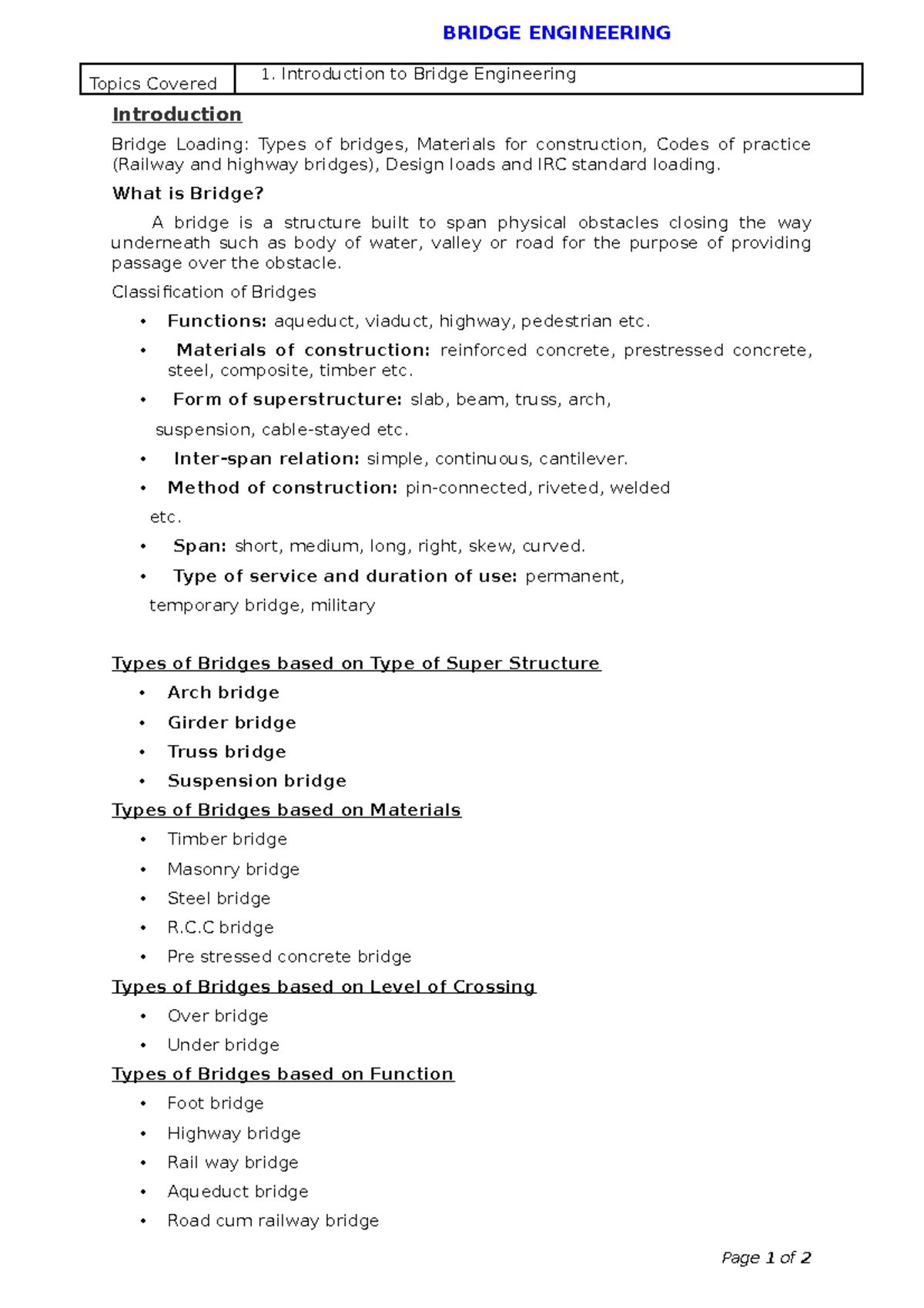 Introduction to Bridge Engineering - BRIDGE ENGINEERING Topics Covered ...